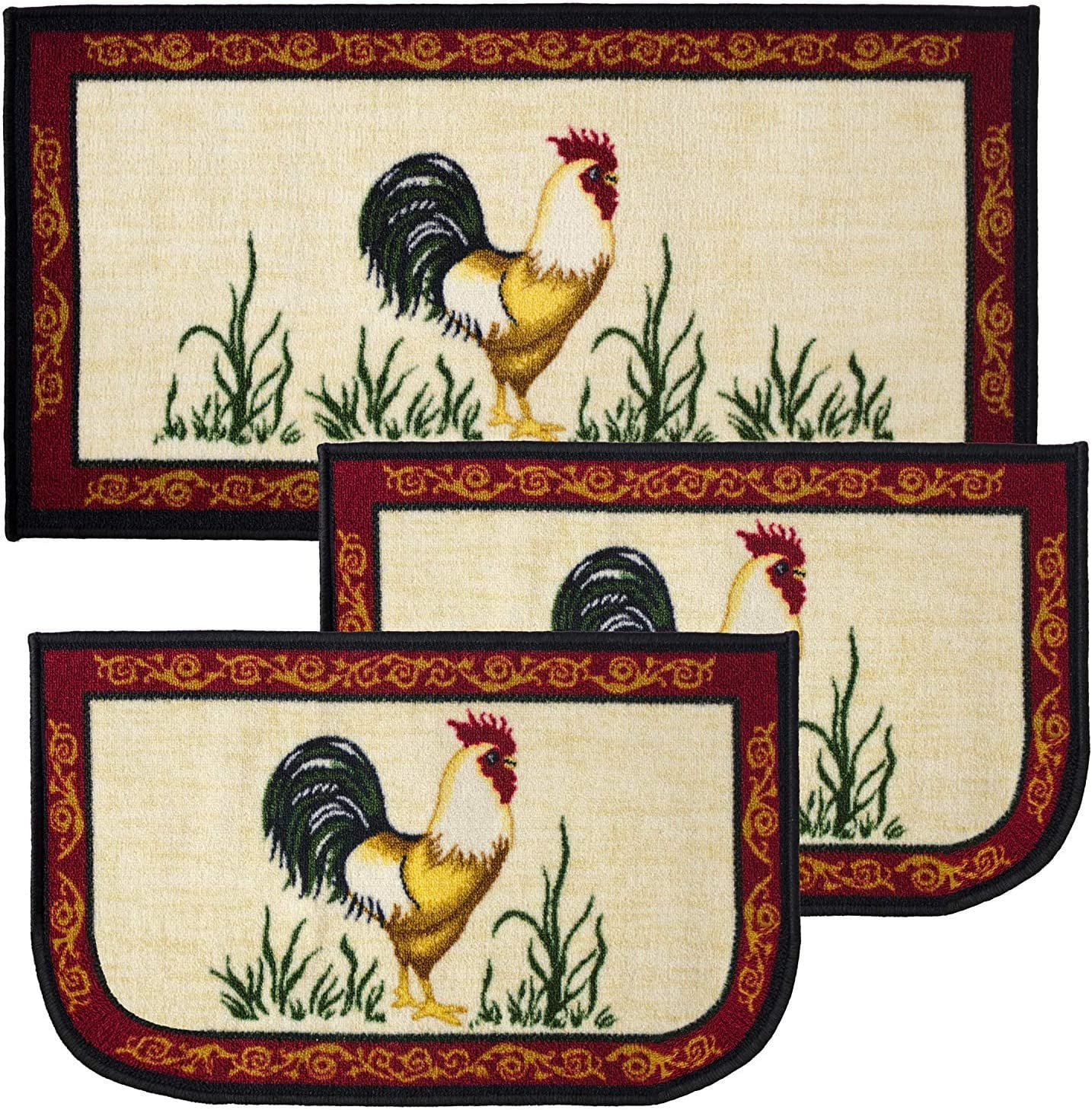 "Kashi Home Kitchen Rugs, Decorative 3pc Polyester Set with Rooster ...