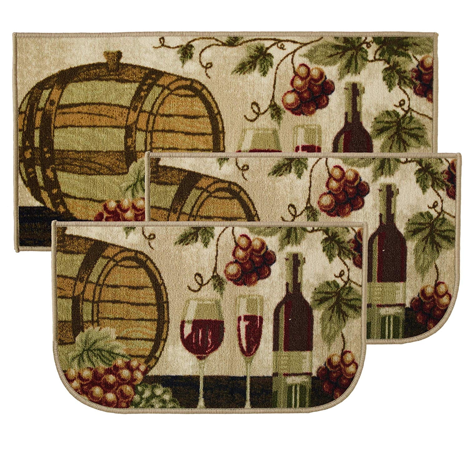 Kashi Home 3pc Kitchen Rug Set: Non-Slip, Latex Backing, Wine Barrel ...