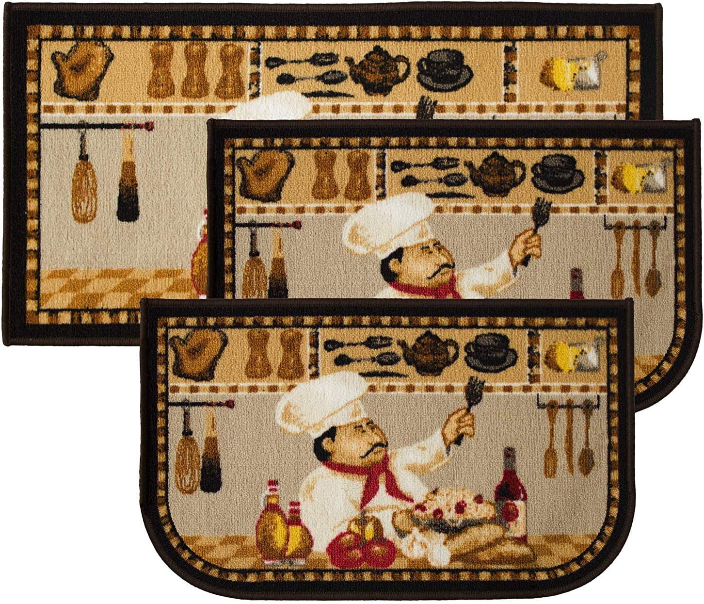 Kashi Home Kitchen Rug Set, Non-Slip, Chef Design 3pc (1 20x40 & 2 ...