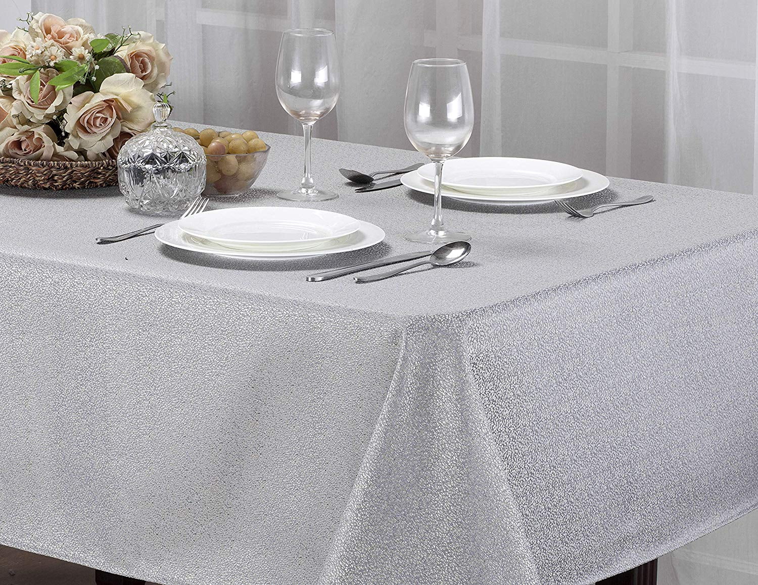 Kashi Home Stone Silver Tablecloth 70"RD, Decorative Fabric Tablecloth ...