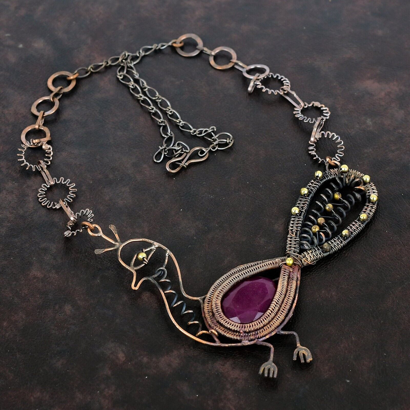 Kashmir Rubi Copper Love Gift Wire Wrapped Peacock Adjustable Necklace ...