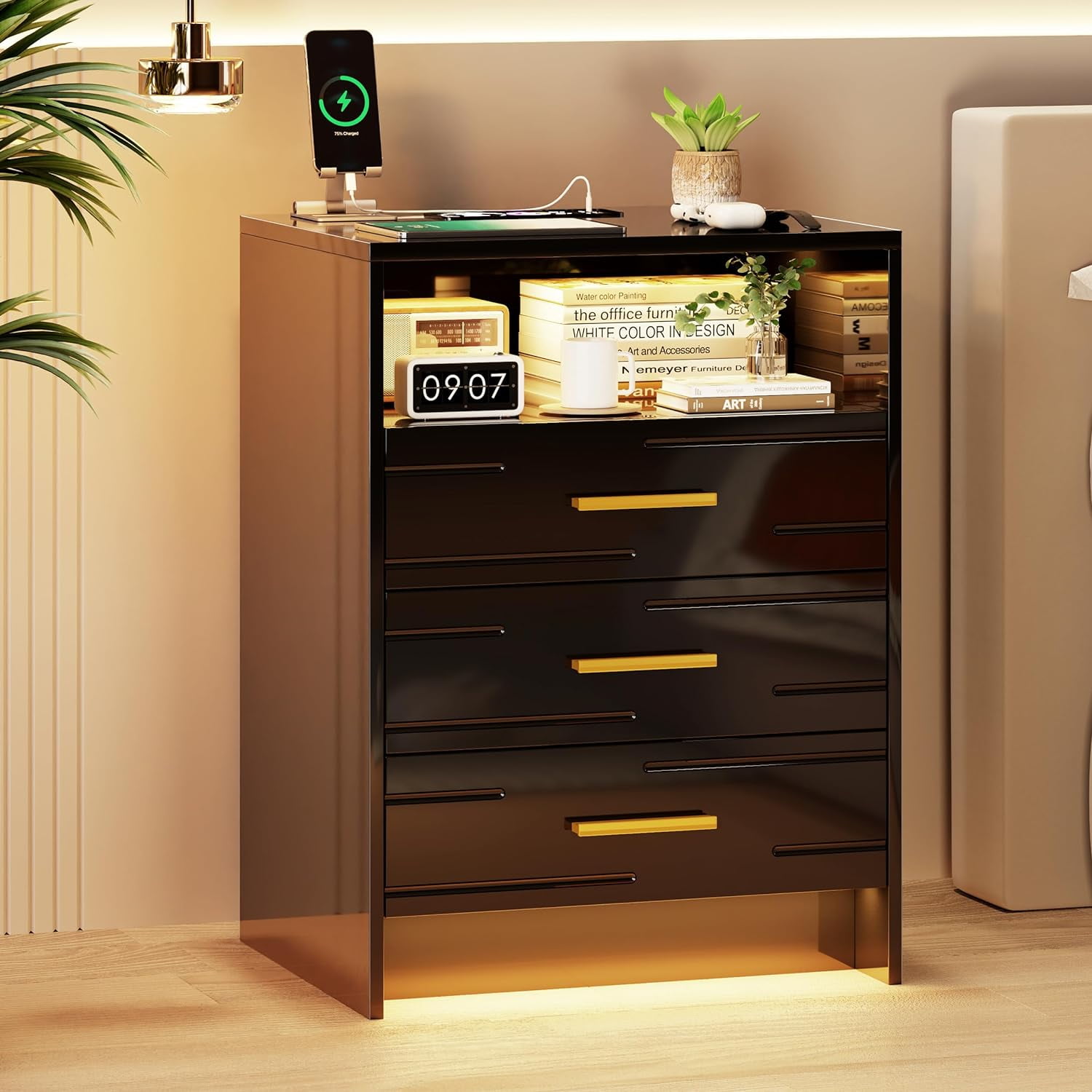 Kasibie Nightstand, Smart Side Table with Charging Station and LED ...