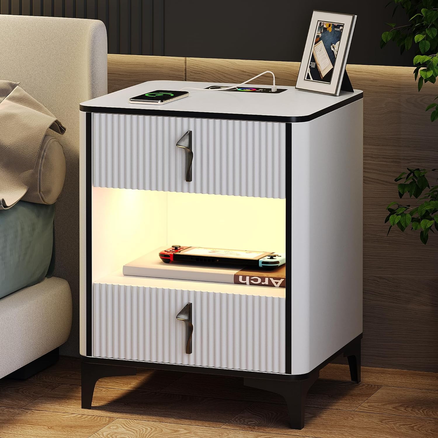 Kasibie Smart Nightstand Bedside Table with Charging Station: RGB Night ...