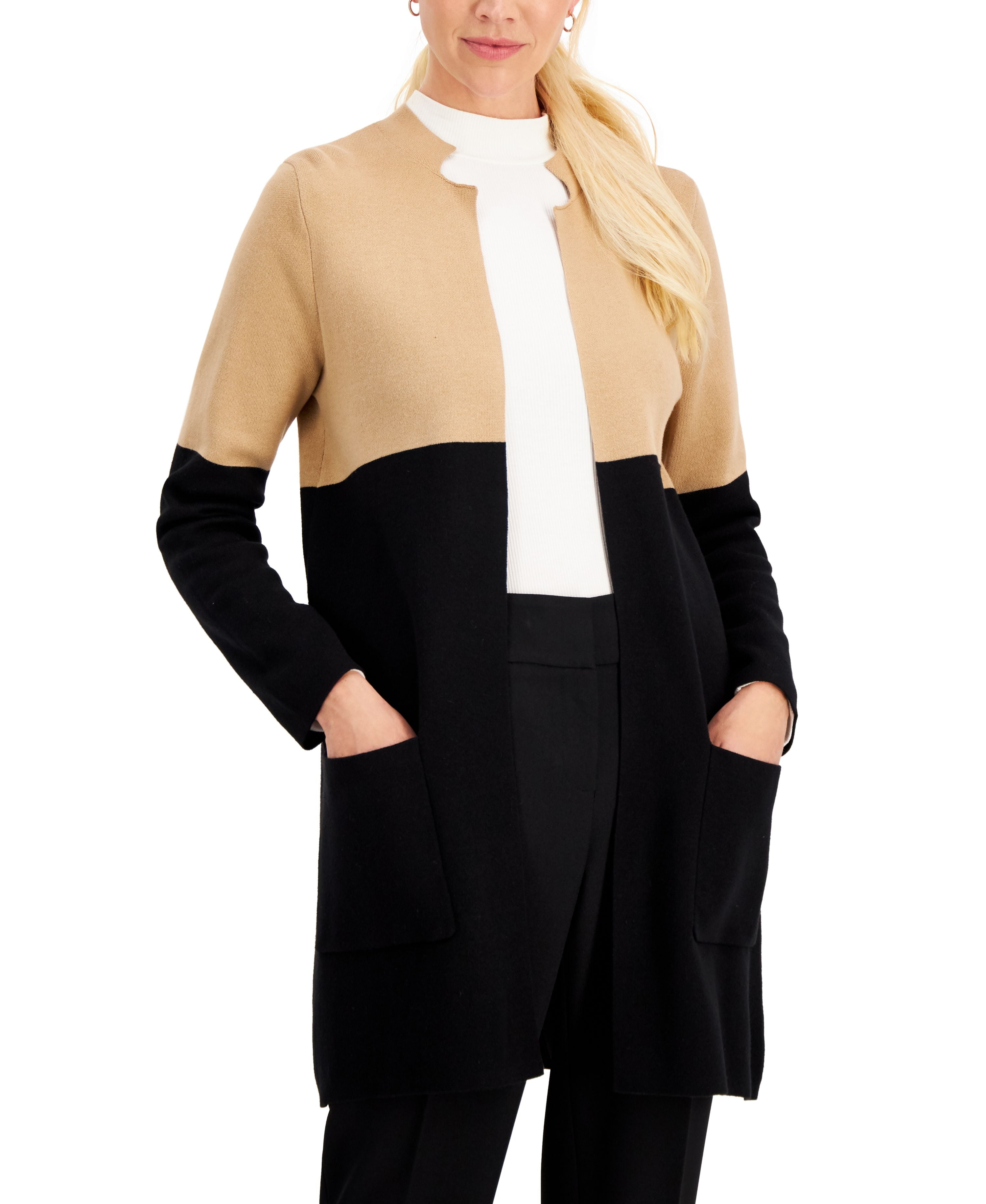 Kasper Womens Color Blocked Longer Length Cardigan Camel/Black XL ...