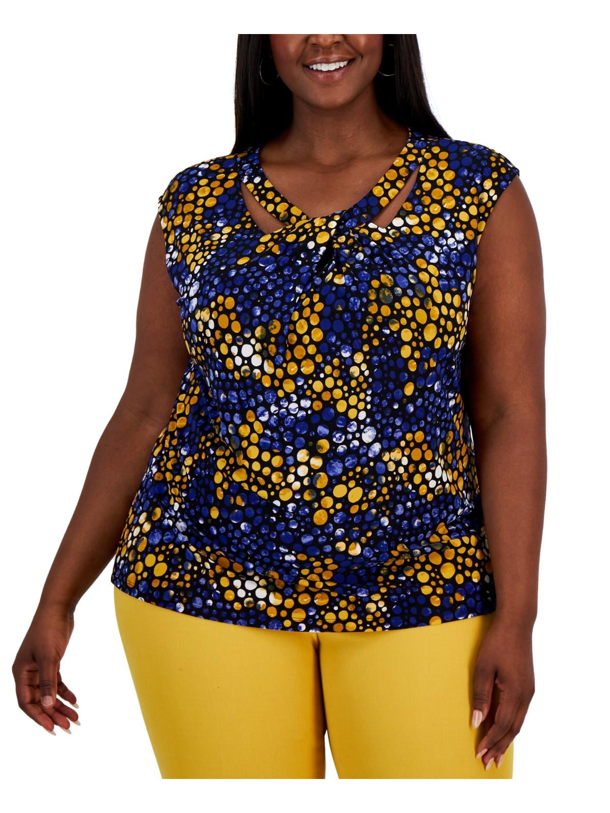 Plus Size Printed Stretch Knit Sleeveless Twist-Neck Top Royal Blue ...
