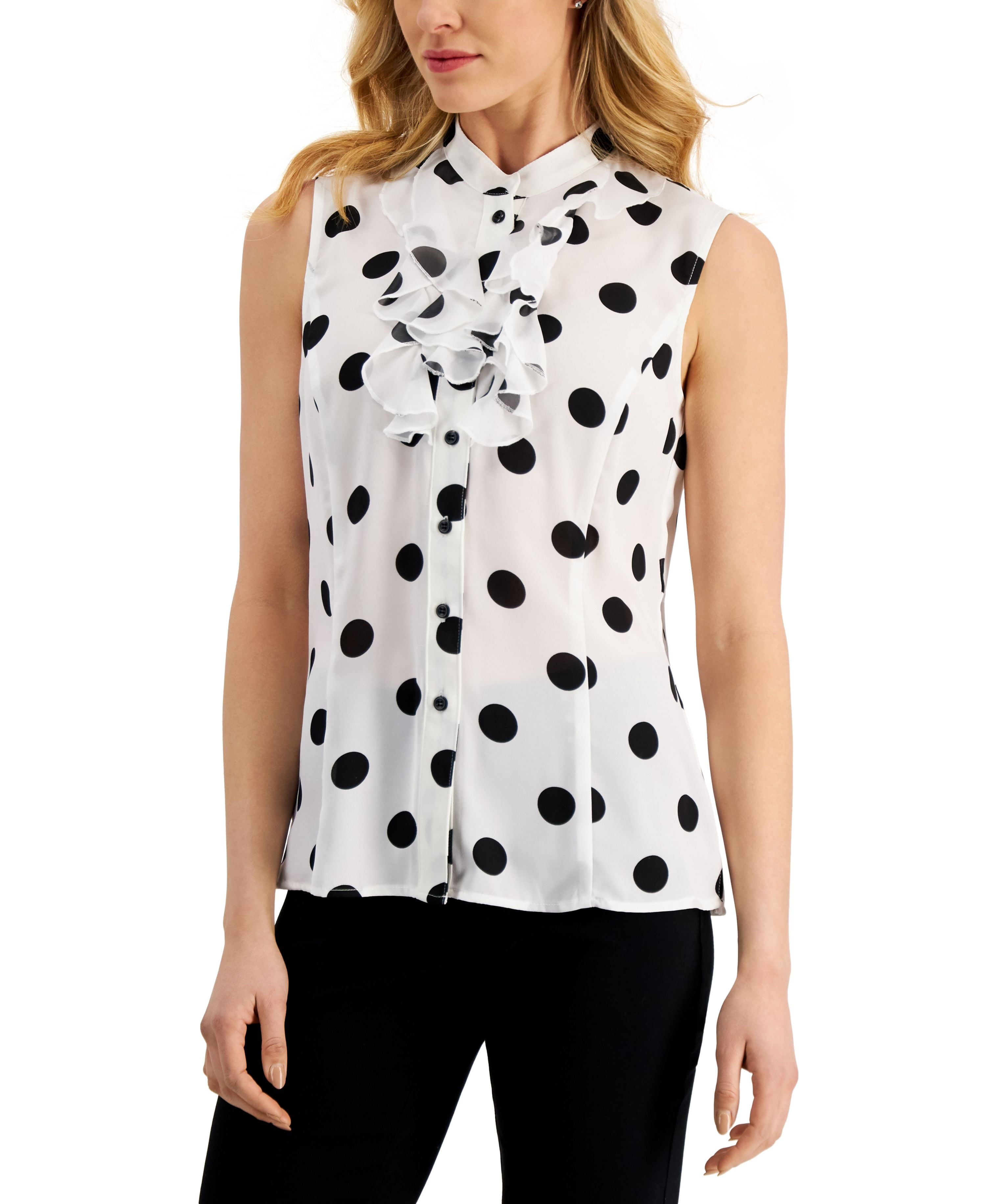 Kasper Womens Polka Dot Sleeveless Ruffled Button Down Top Lily White/Black 16 - Walmart.com
