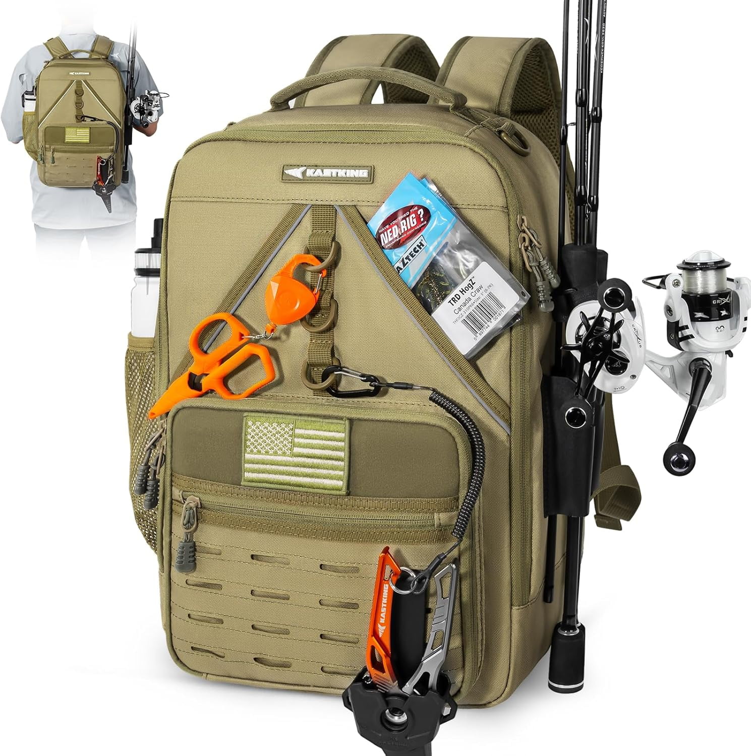 KastKing Fishing Tackle Backpack,Water-Resistant Fishing Bag With 2 Rod ...
