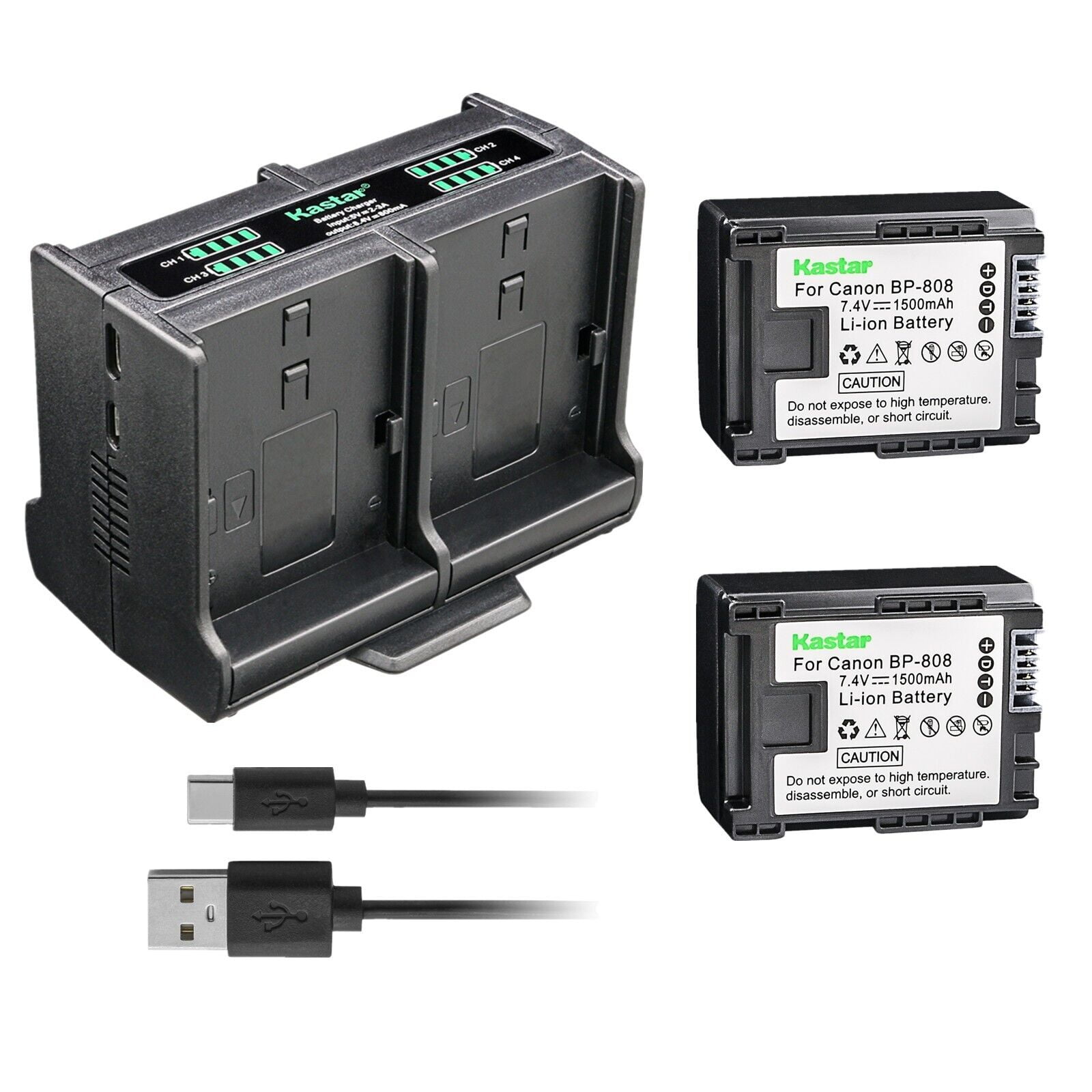 Kastar 2-Pack Battery and Quadruple Charger Compatible with Canon BP-808, BP808, BP-809, BP809 ...