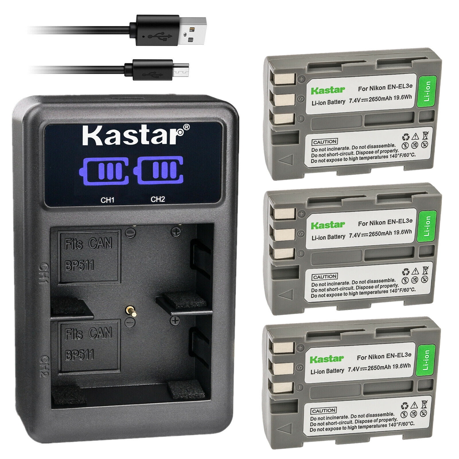 Kastar 3-Pack EN-EL3E Battery and LED2 USB Charger Compatible with ...