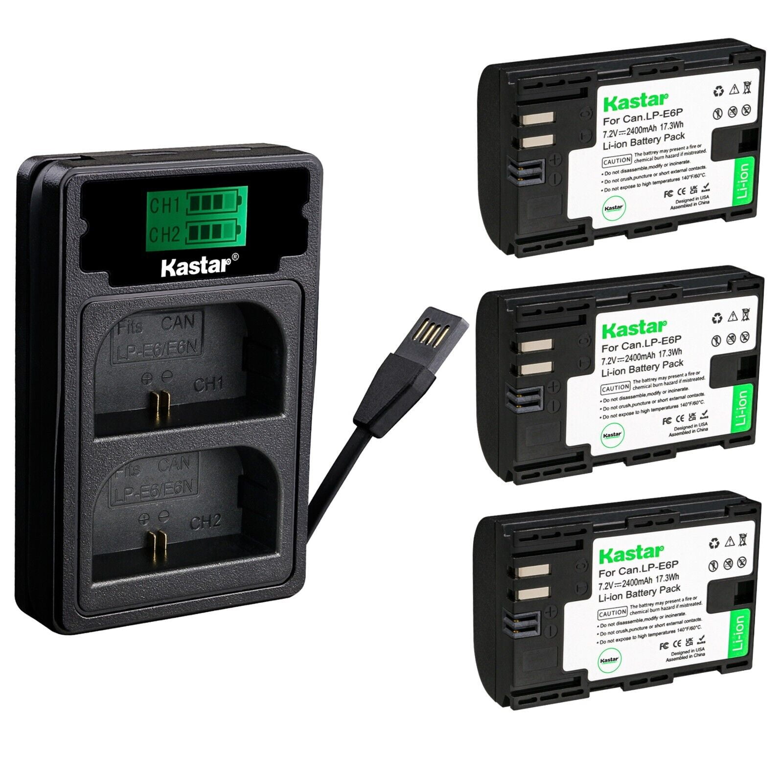Kastar 3 Pack LP-E6P Battery and Charger with Miro USB / Type-C Input ...