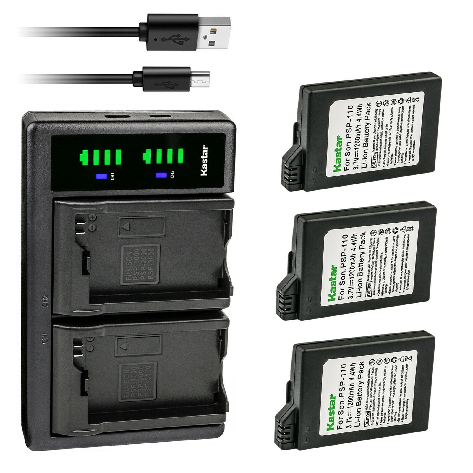 Kastar 3-Pack PSP 110 Battery and LTD2 USB Charger Replacement for Sony PSP-Lite, PSP-Silm ...
