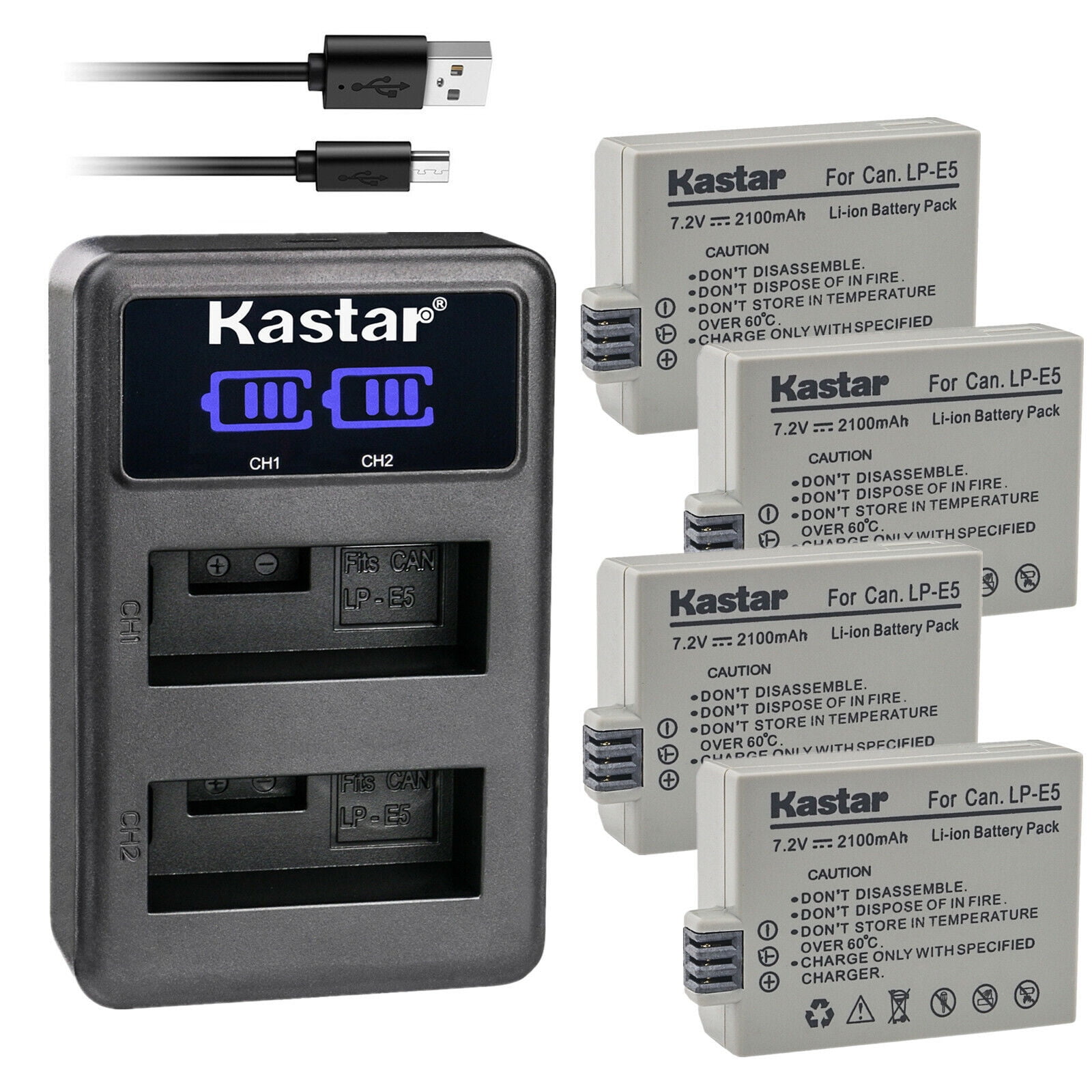 Kastar 4-Pack LP-E5 Battery and LED2 USB Charger Compatible with Canon ...