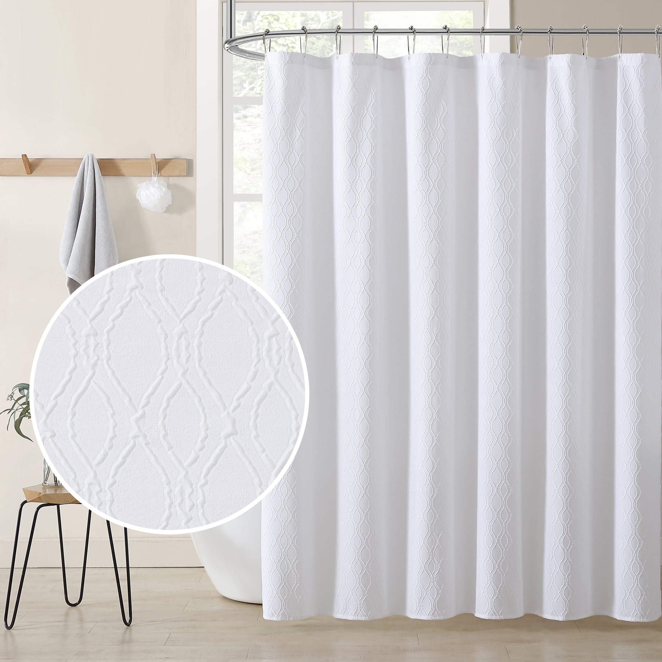 Diamond Pattern Shower Curtains Fabric 72x72 All White Solid Bathroom ...