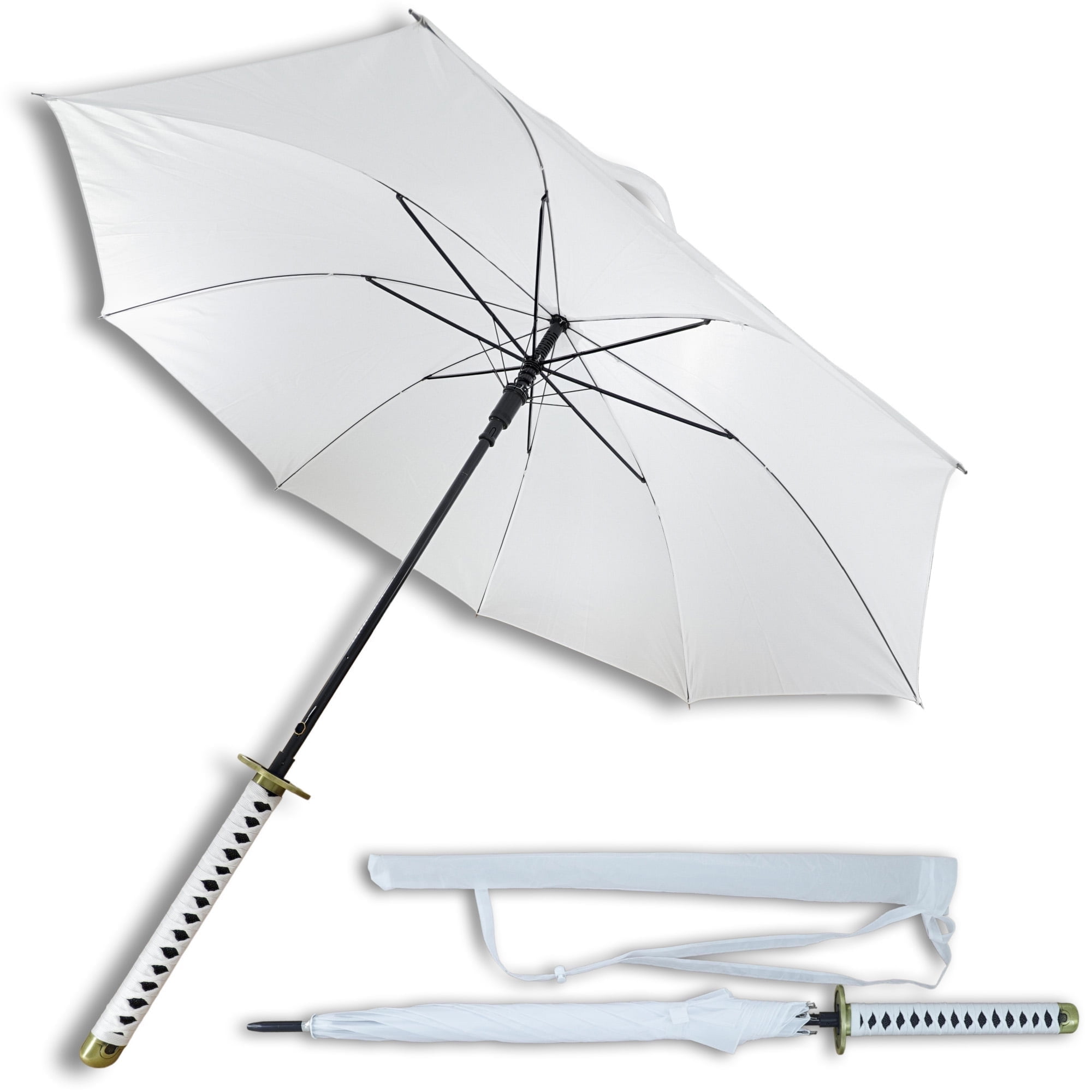 Katana-Style Umbrella with White Canopy 39" Samurai Sword Handle, Faux ...