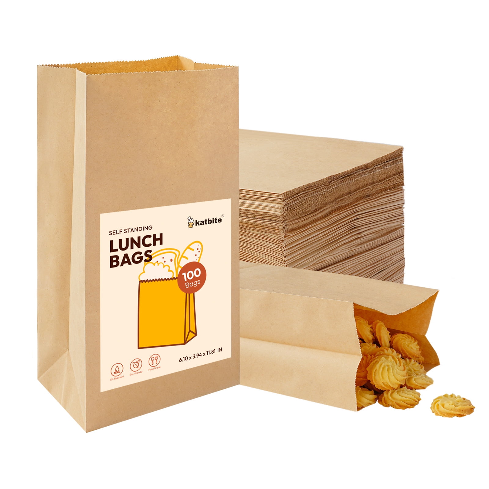 Katbite 6.1 inch Kraft Paper Bags, Brown Disposable Bread and Snack ...