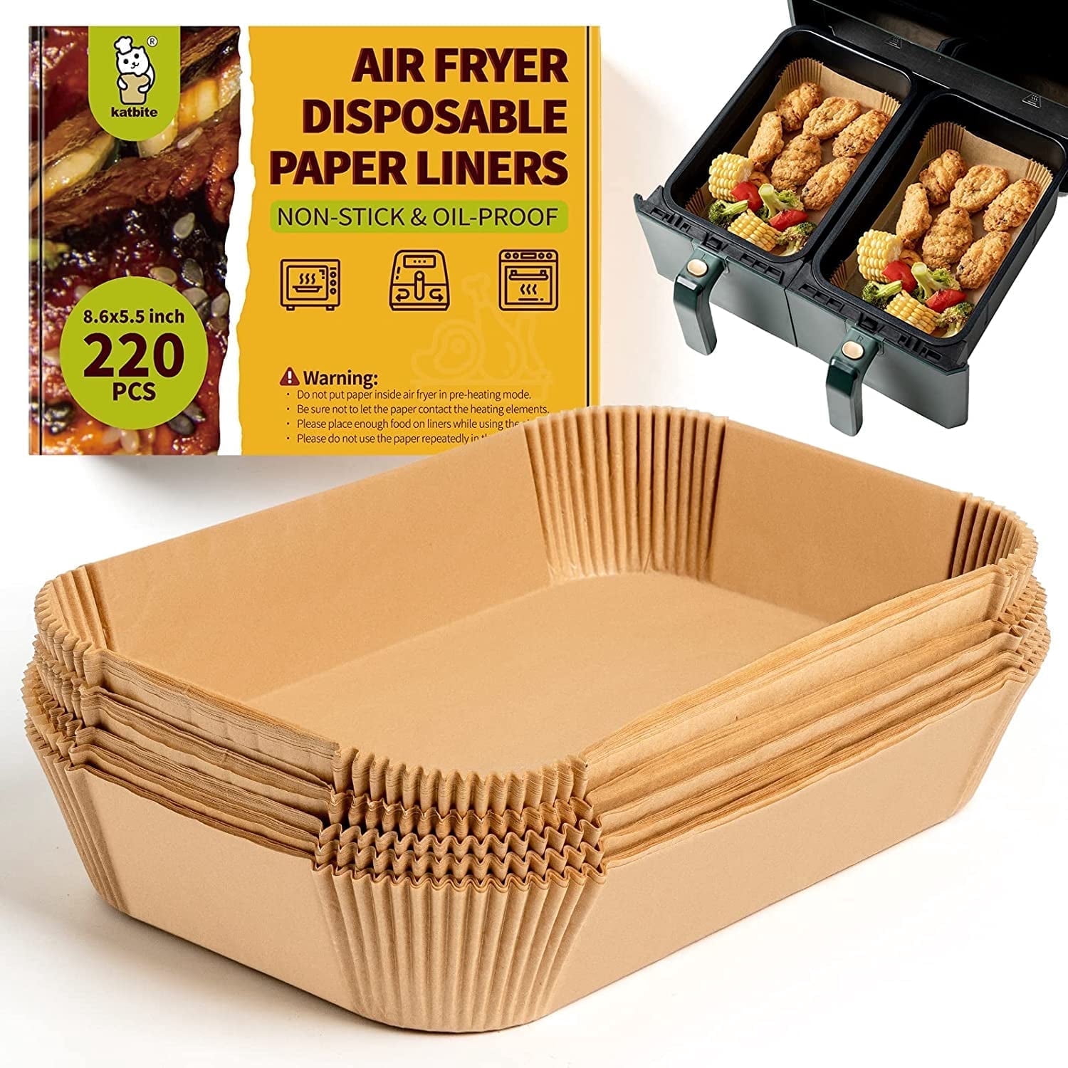 Katbite 220PCS Silicone Air Fryer Liners, 8.6x5.5'' Waterproof, Non ...