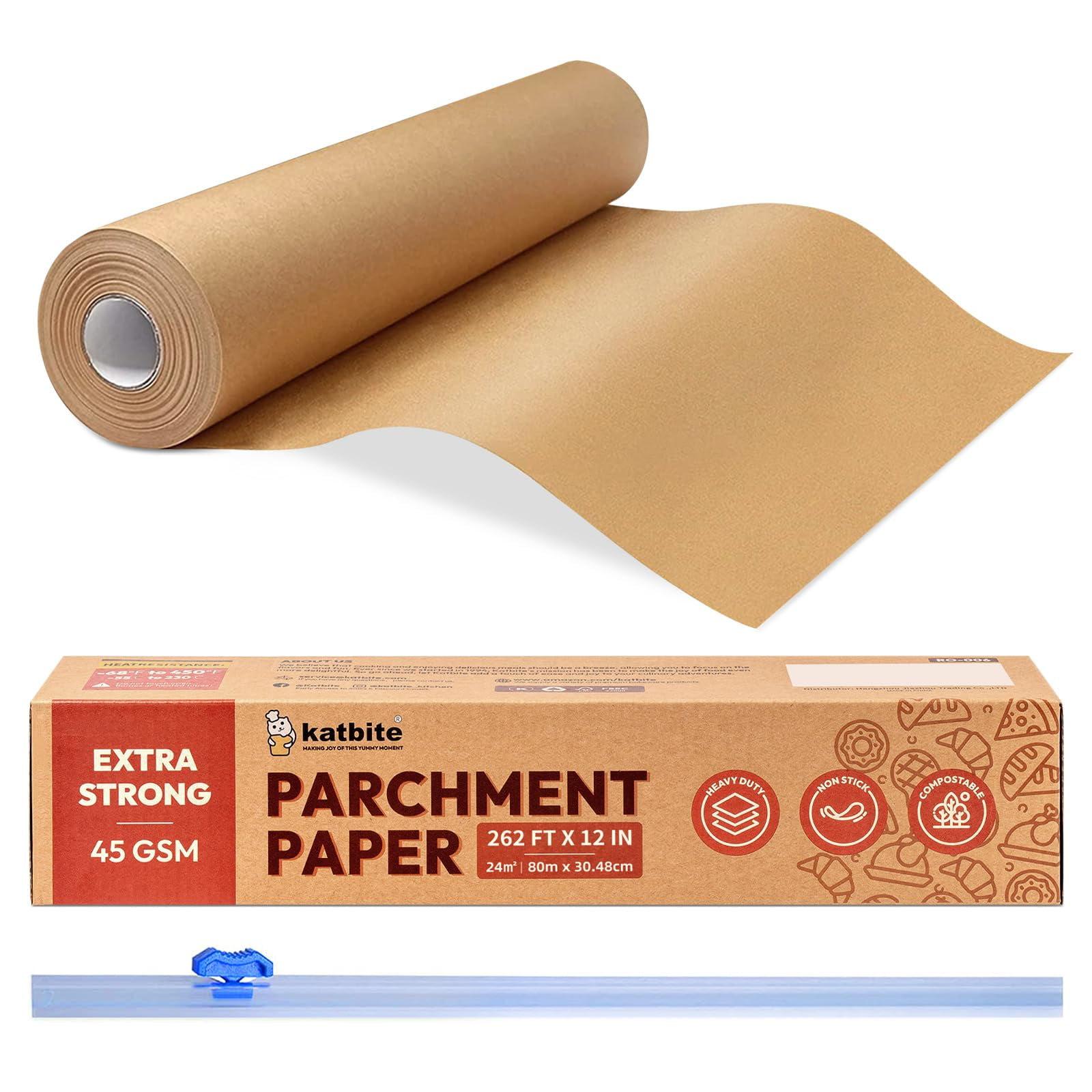 Katbite Unbleached Parchment Paper Roll for Baking, 12in x 262ft, 260 ...
