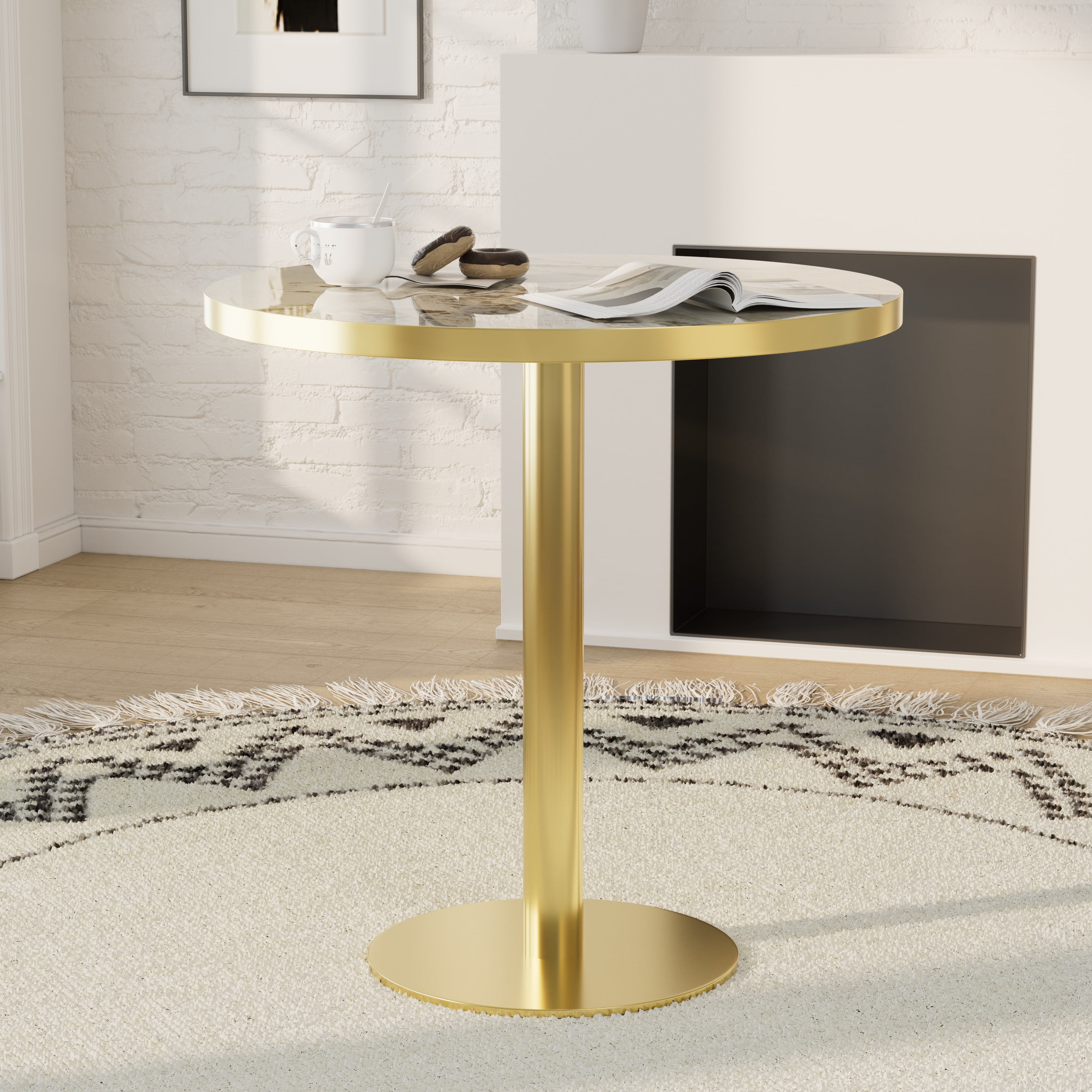 Katboc 31.5in Round Dining Table, Snow Mountain Stone Top with Aluminum ...