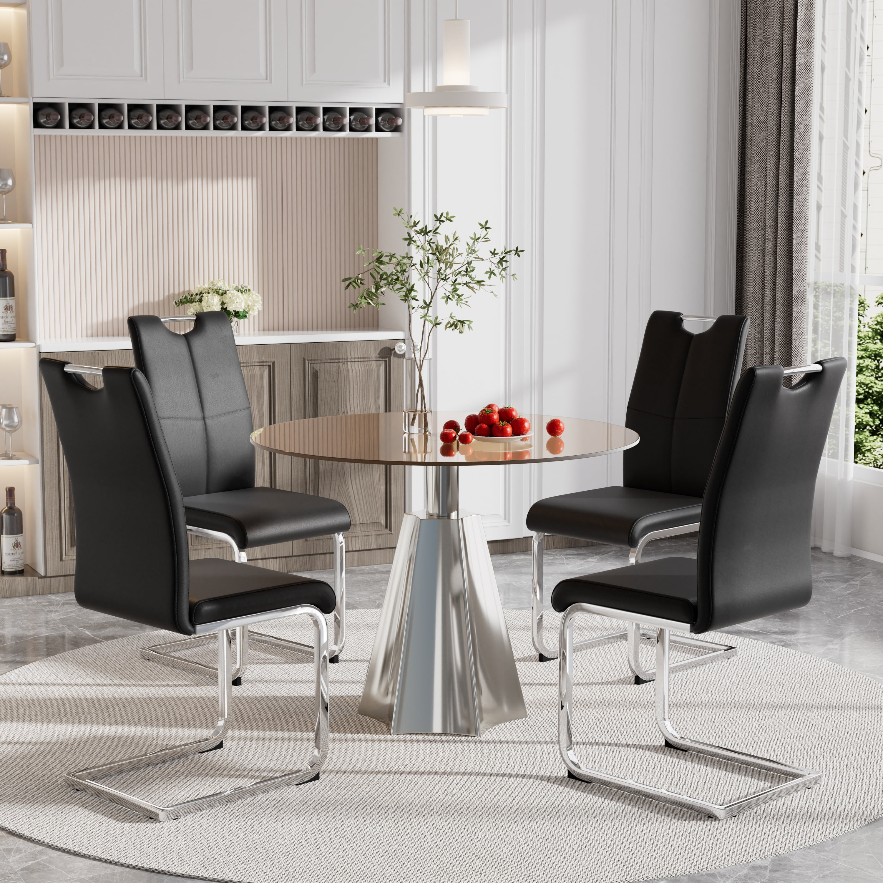 Katboc Modern Dining Table and 4Pcs Chairs Set, 35in Black Glass Top ...