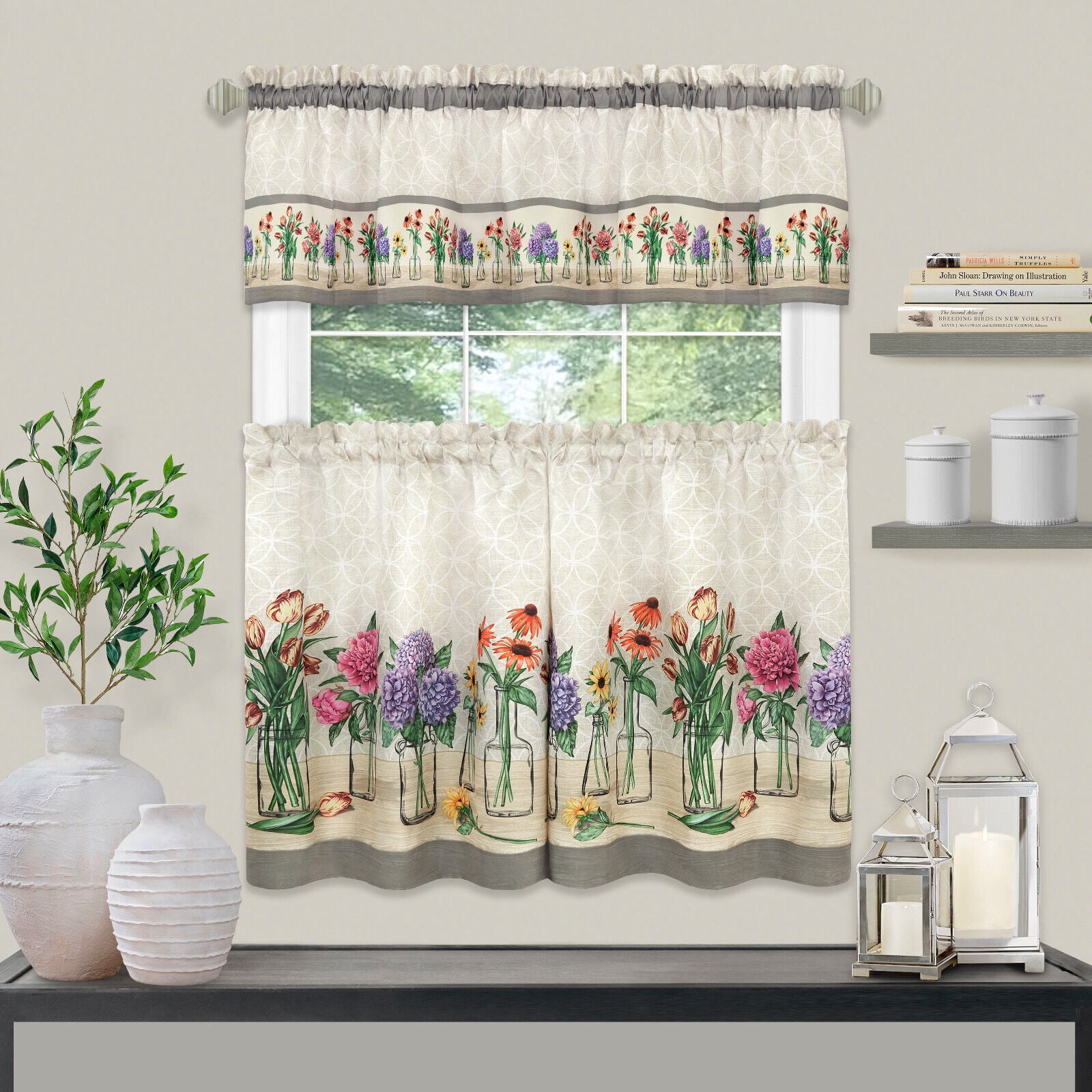Kate Aurora 3 Piece Gardenia Florals Rod Pocket Kitchen Curtain Tier ...
