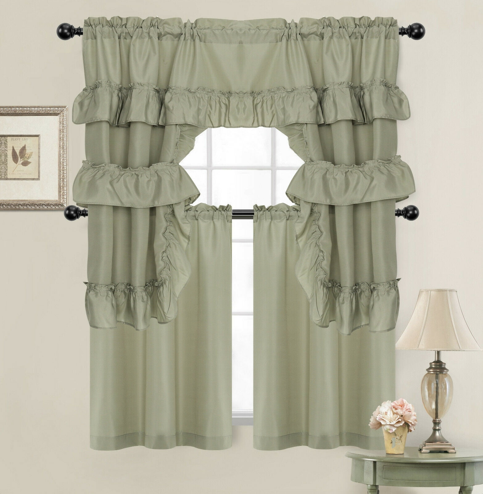 Kate Aurora Solid Colored Café Kitchen Curtain Set - Ruffled Edges ...