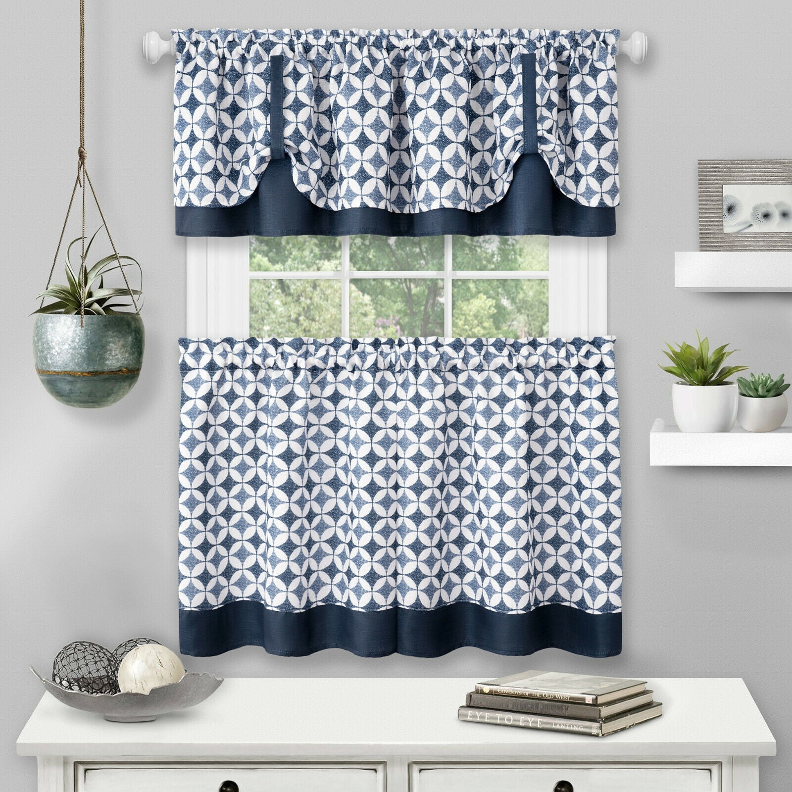 Kate Aurora Modern Geo 3 Pc Kitchen Curtain Tier & Valance Set - Navy ...