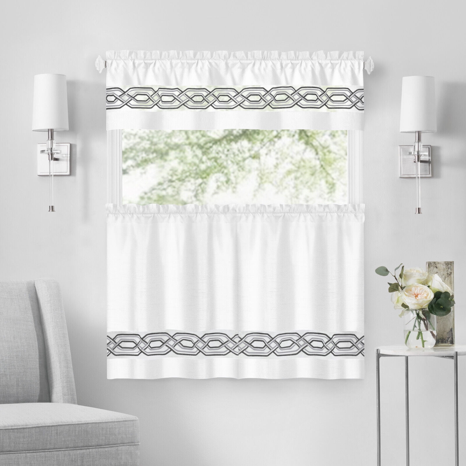 Kate Aurora Pacifico 3 Piece Rod Pocket Embroidered Kitchen Curtain Set ...