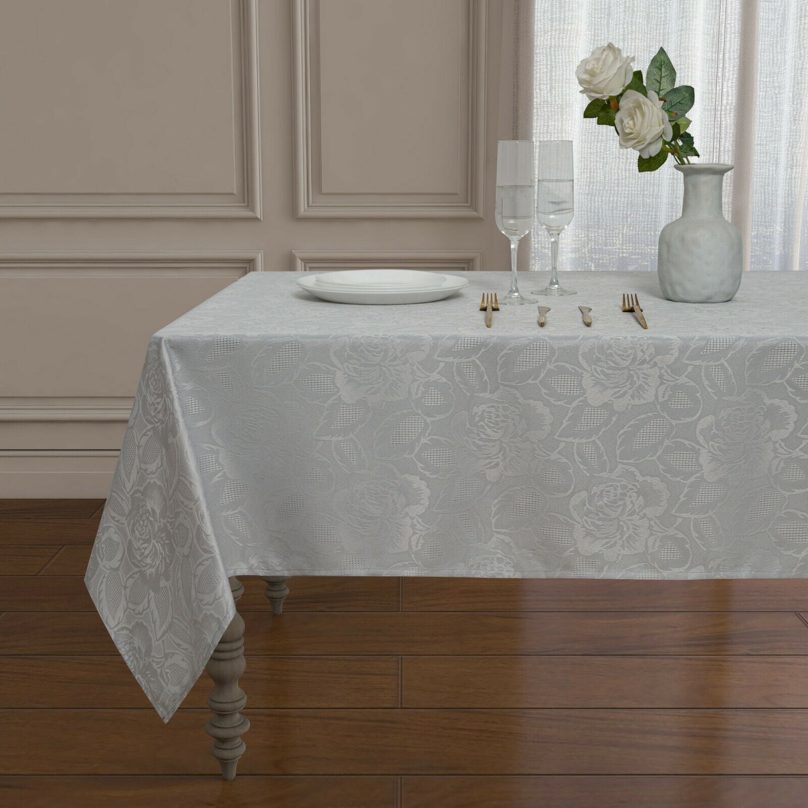 Kate Aurora Shabby Chic Floral Fabric Tablecloth - Gray, 84 in. Long (6 ...