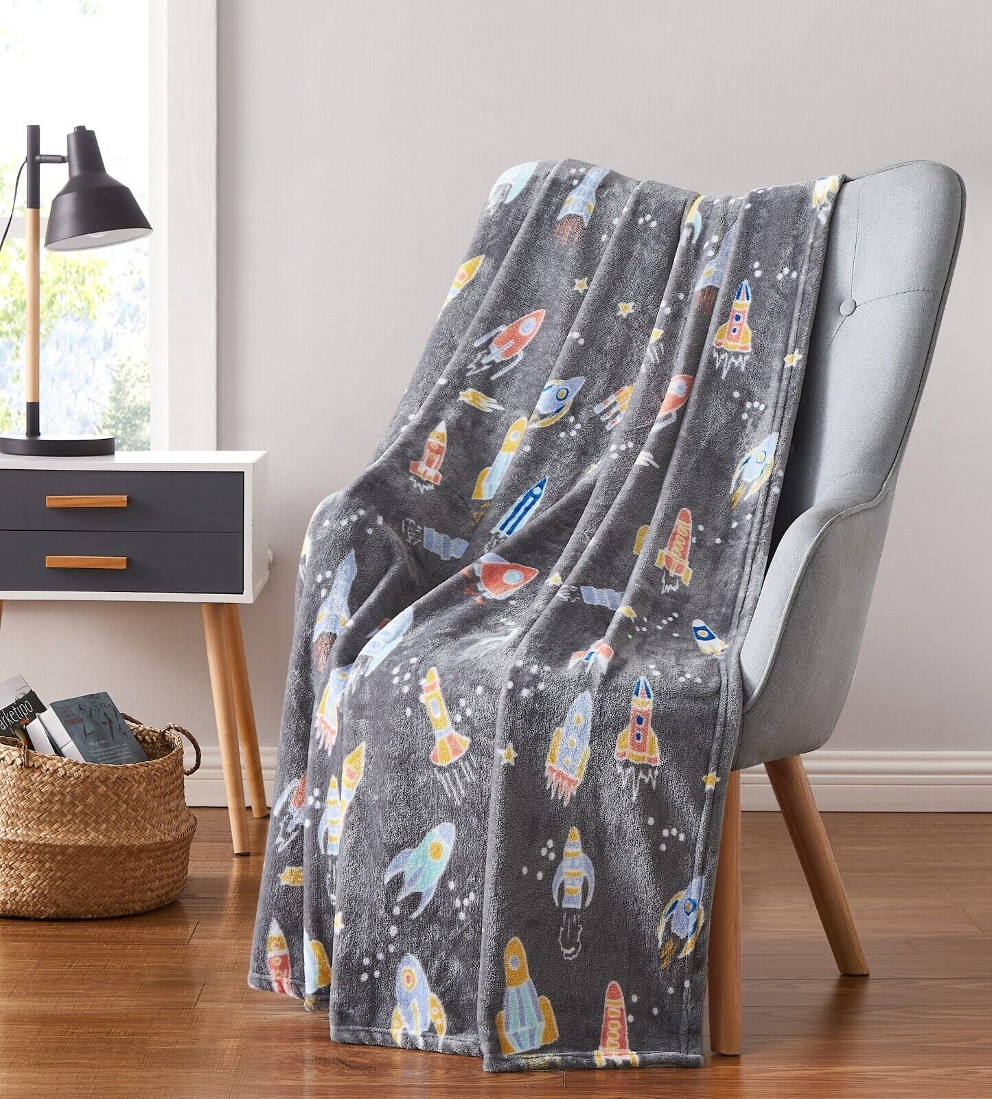 Kate Aurora Ultra Soft & Plush Rocket Ships Fleece Accent Throw Blanket ...