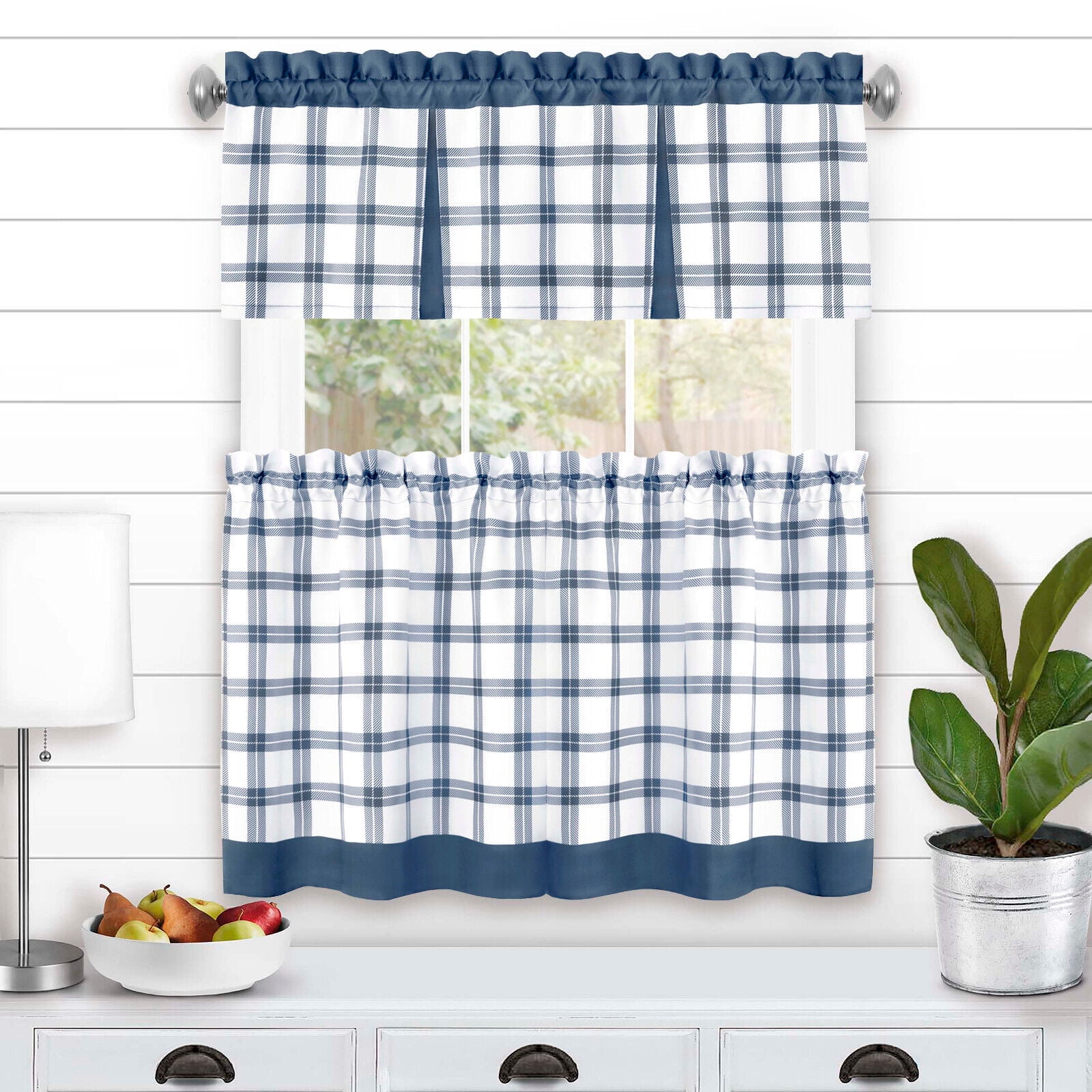 Kate Aurora Printed Farmhouse Kitchen Curtain Set - Windowpane Plaid ...