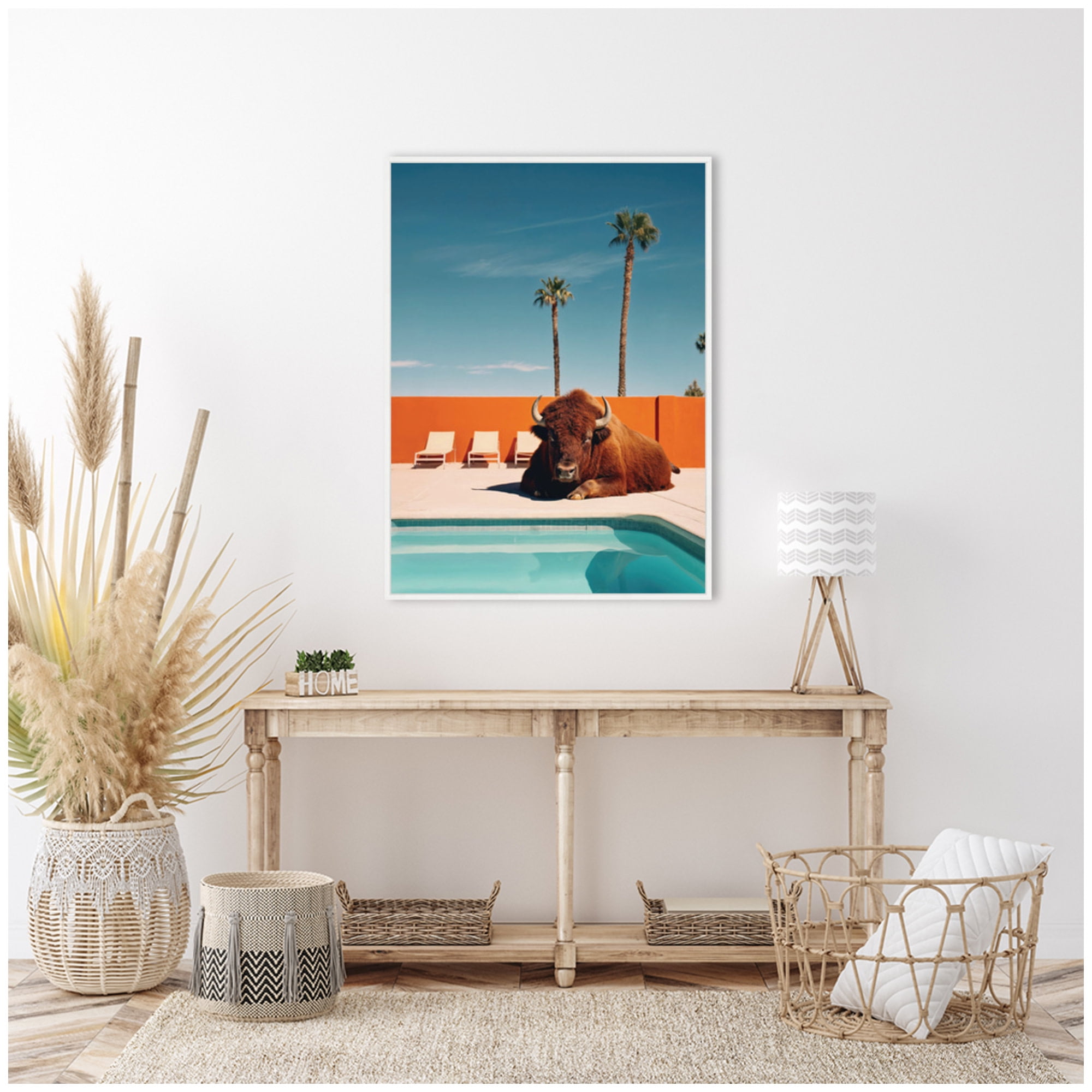 Kate and Laurel Bison Chilling by the Pool in California Framed Canvas ...