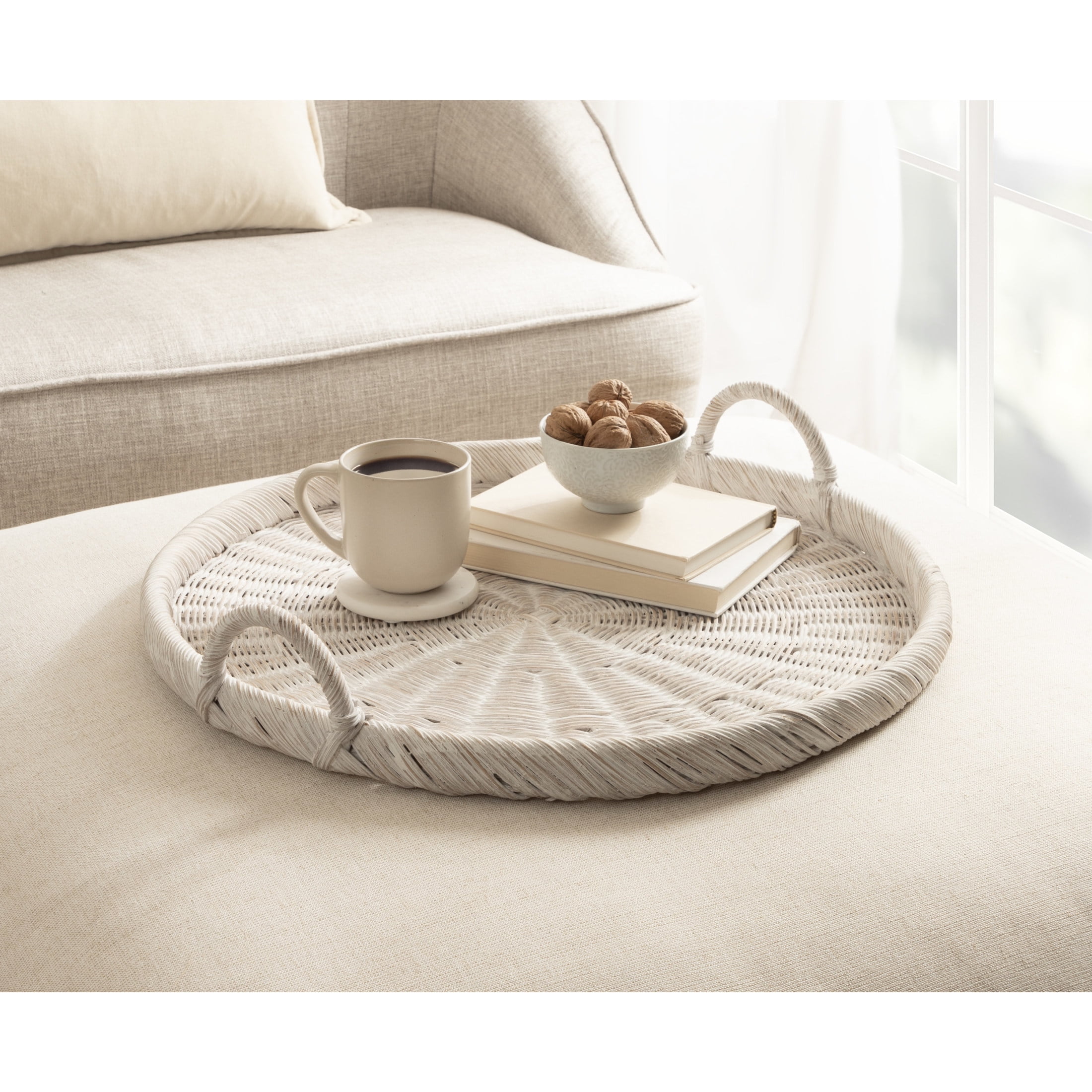 Kate and Laurel Cormont Modern Round Woven Rattan Tray with Handles, 23 ...