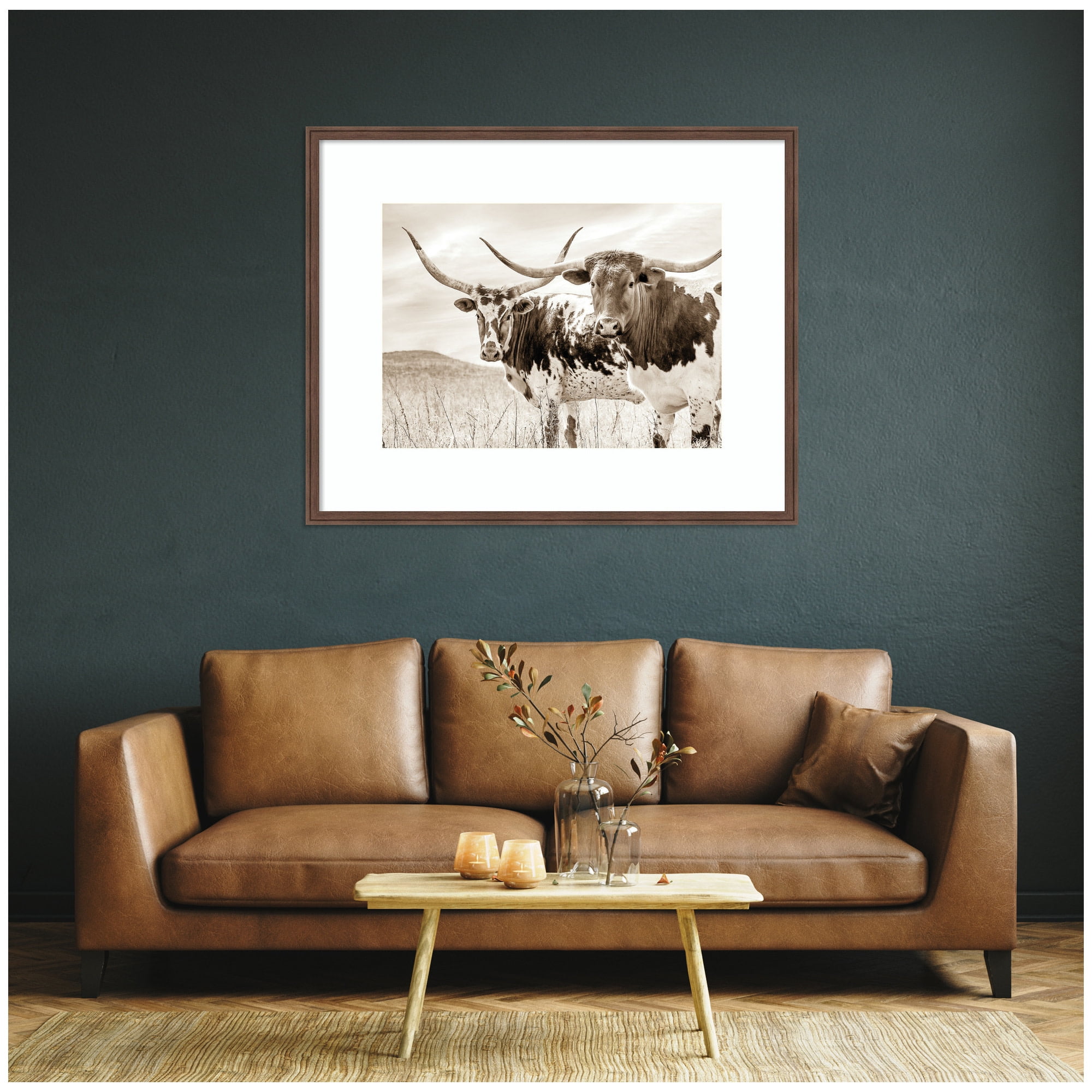 Kate and Laurel Framed Wall Art Print Sepia Texas Longhorn Cattle in Pasture by The Creative ...