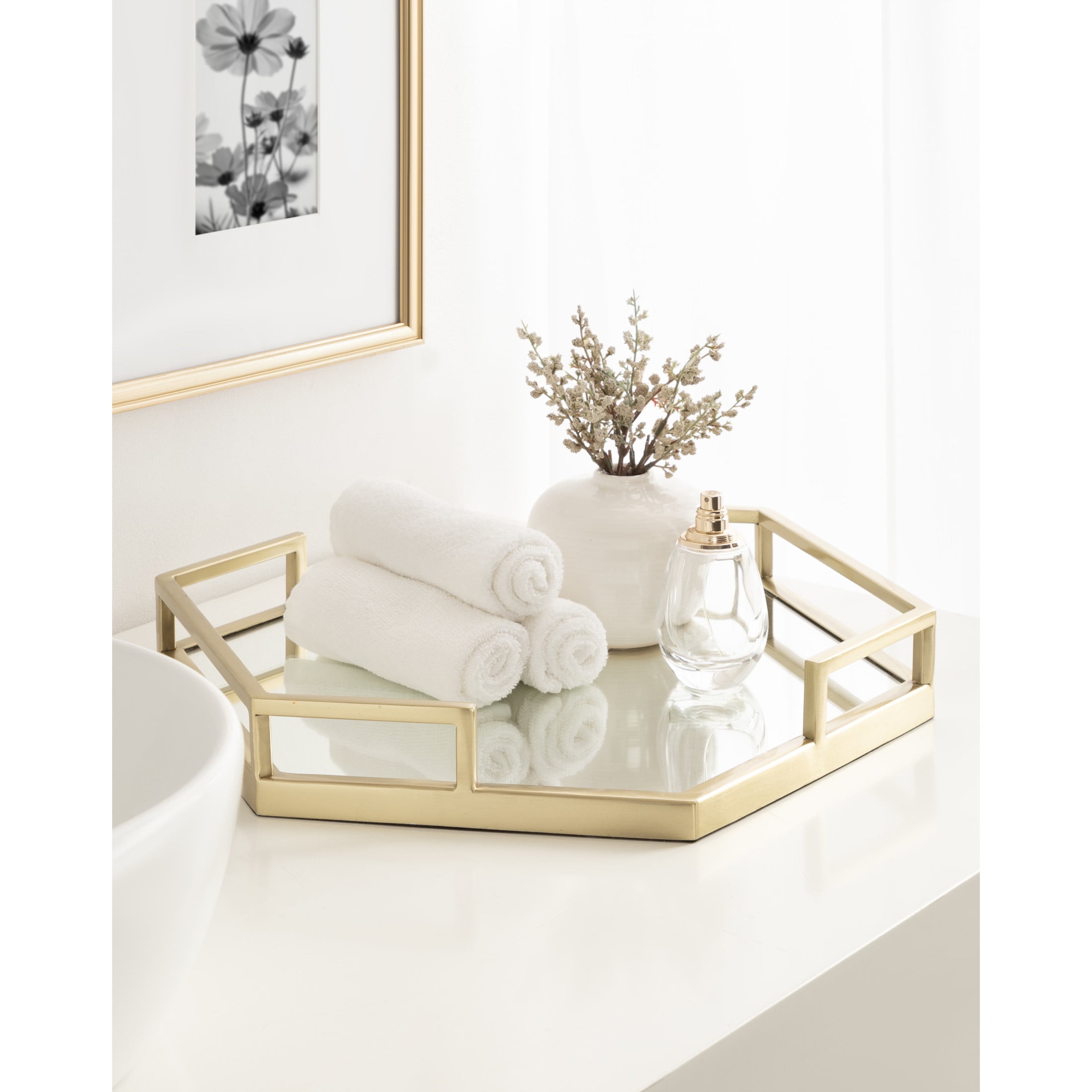 Kate and Laurel Gohana Mirrored Hexagon Tray with Gold Metal Handles ...
