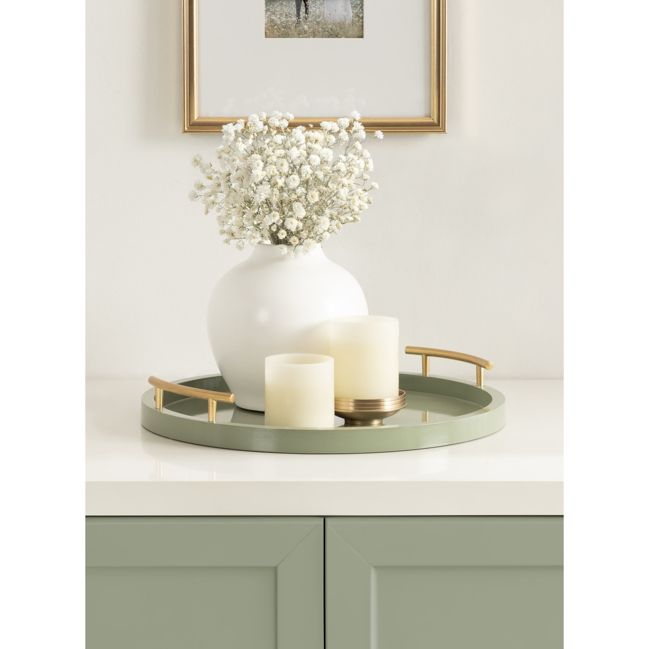 Kate and Laurel Halsey Decorative Wooden Round Tray with Polished Metal Handles, 16 Inch ...