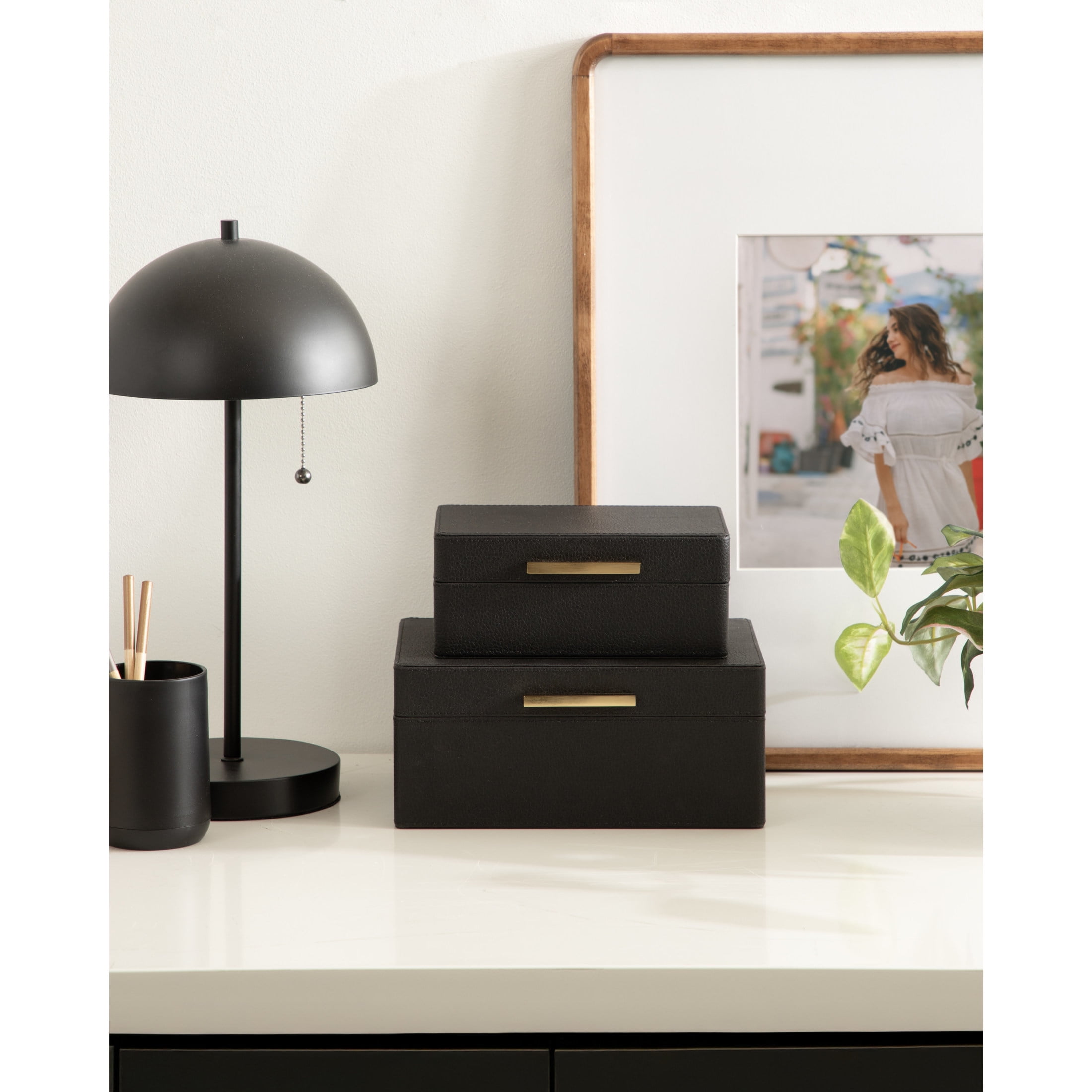 Kate and Laurel Namina Decorative Vegan Leather Storage Box Set of 2, 8 x 5 and 10 x 7, Black ...