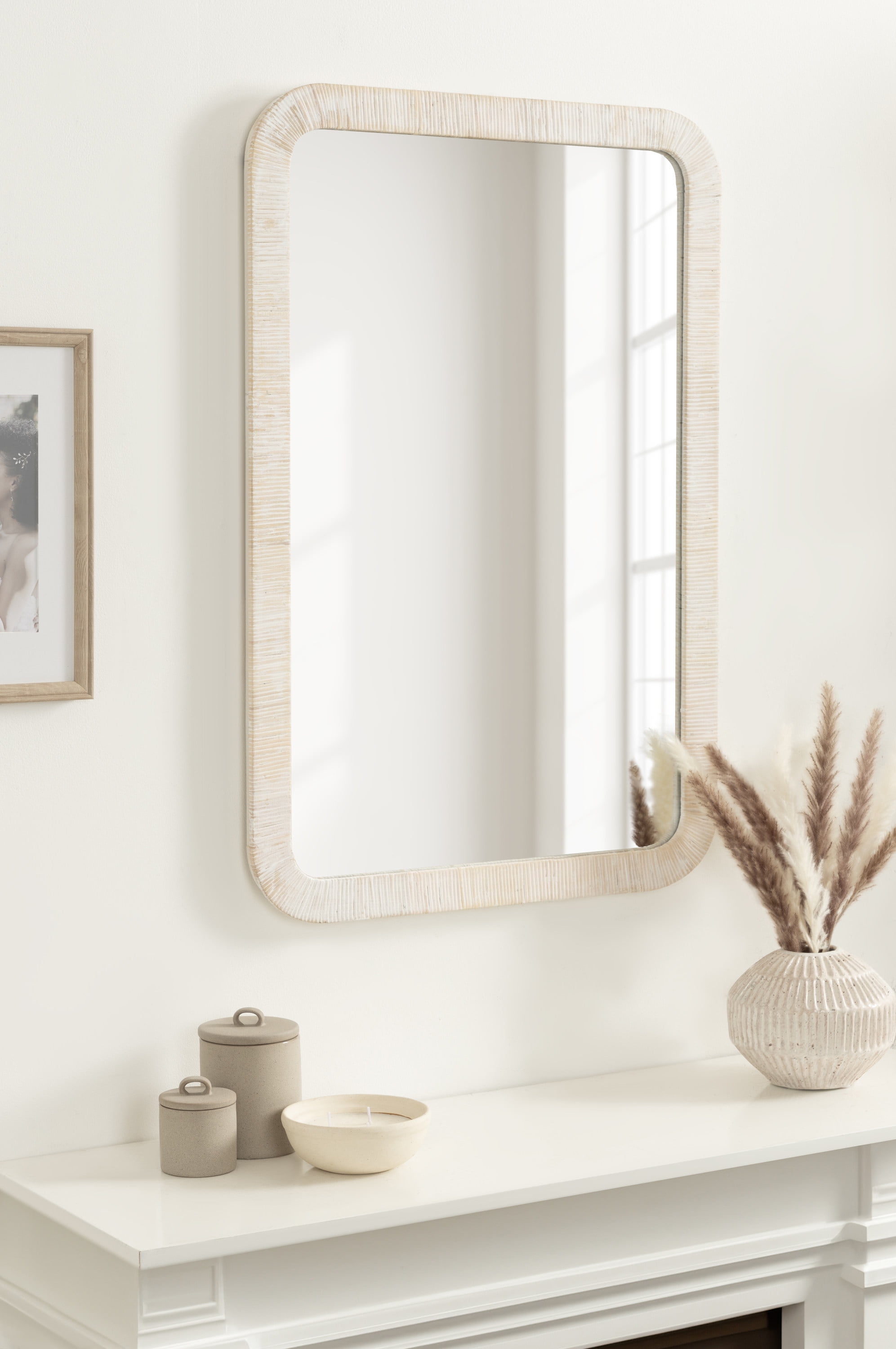 Kate and Laurel Rahfy Boho Rectangle Rattan Mirror, 24 x 36, White ...