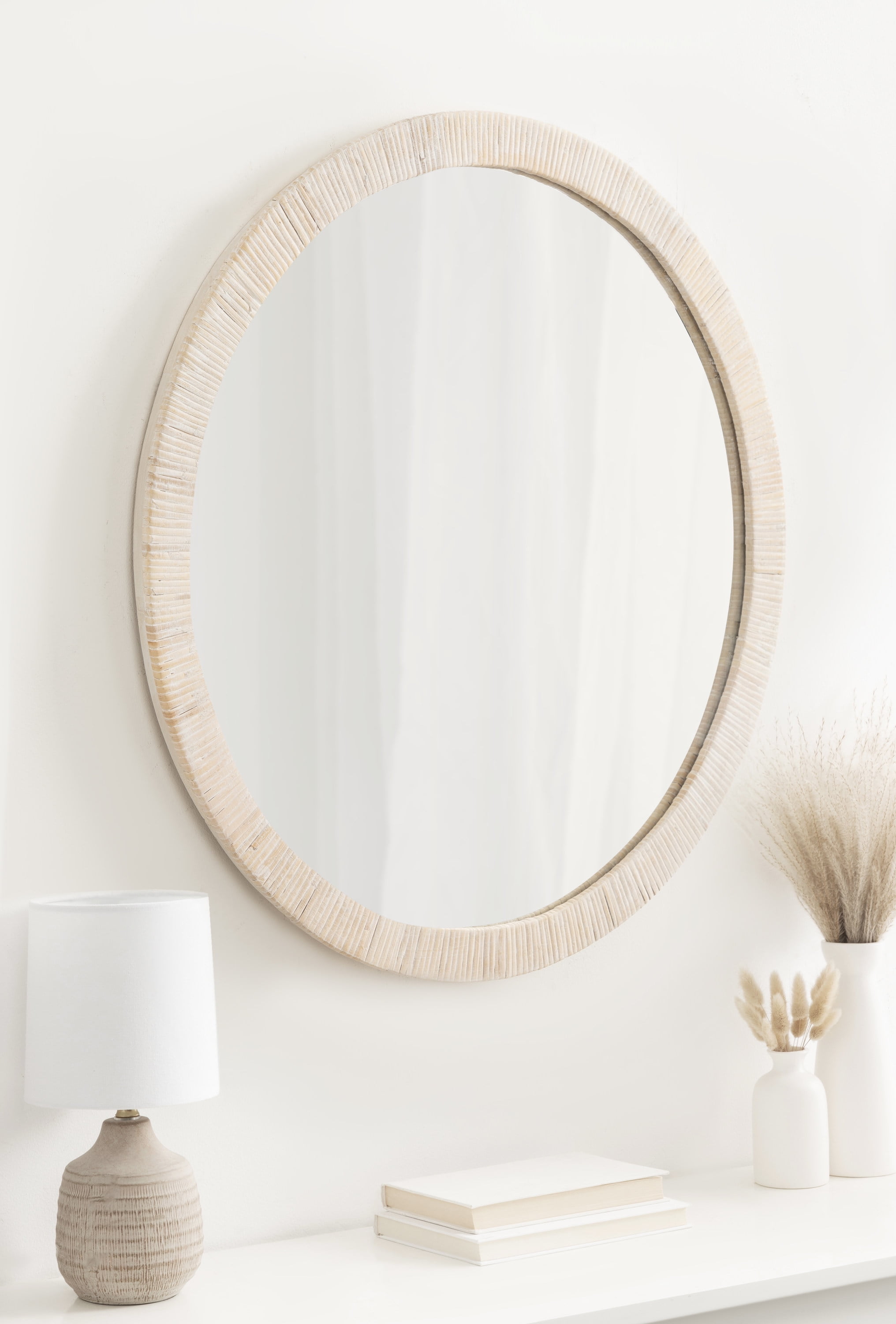 Kate and Laurel Rahfy Boho Round Rattan Mirror, 28 Inch Diameter, White ...