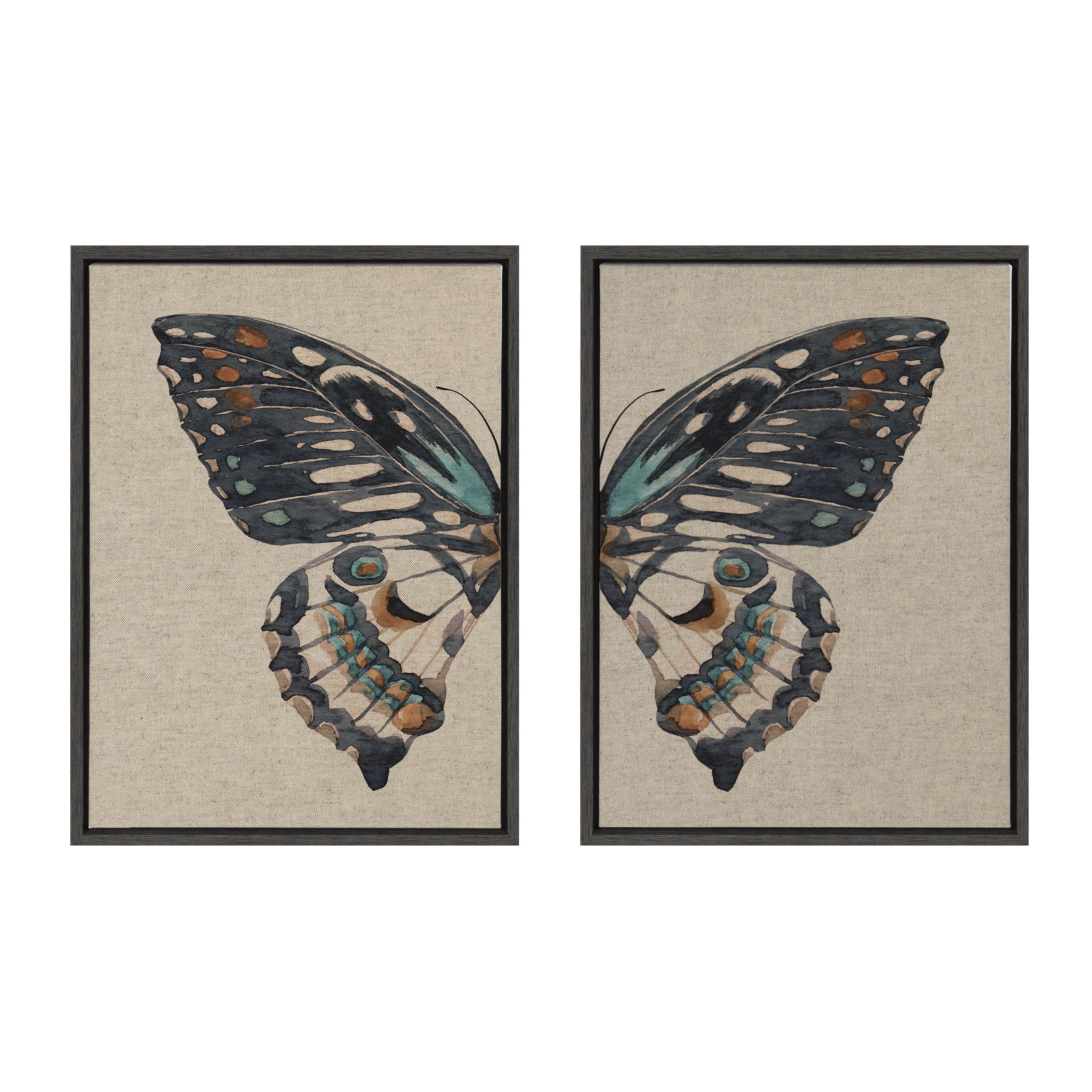 Kate and Laurel Sylvie Boho Butterfly Watercolor Diptych Neutral Linen ...