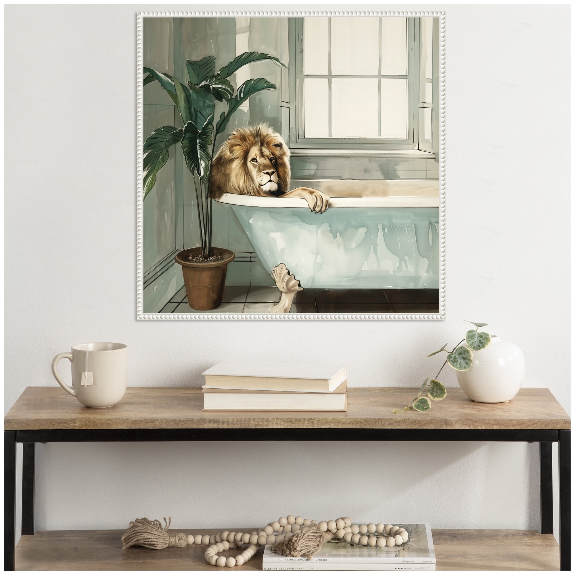 Kate and Laurel Sylvie Lion Relaxing in Tub Zen Bathroom Framed Canvas ...