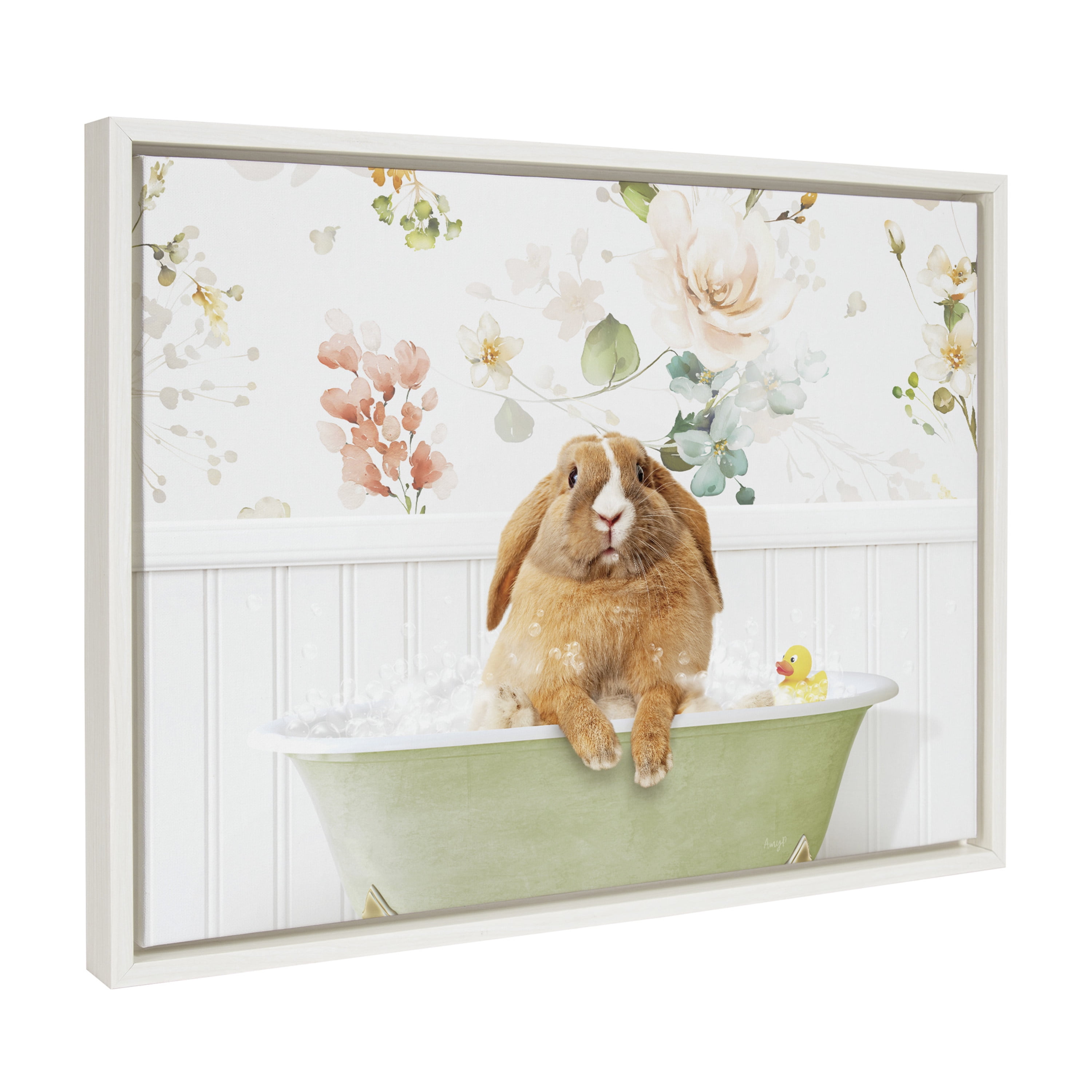 Kate and Laurel Sylvie Pudgy Bunny in Floral Bubble Bath Framed Canvas ...