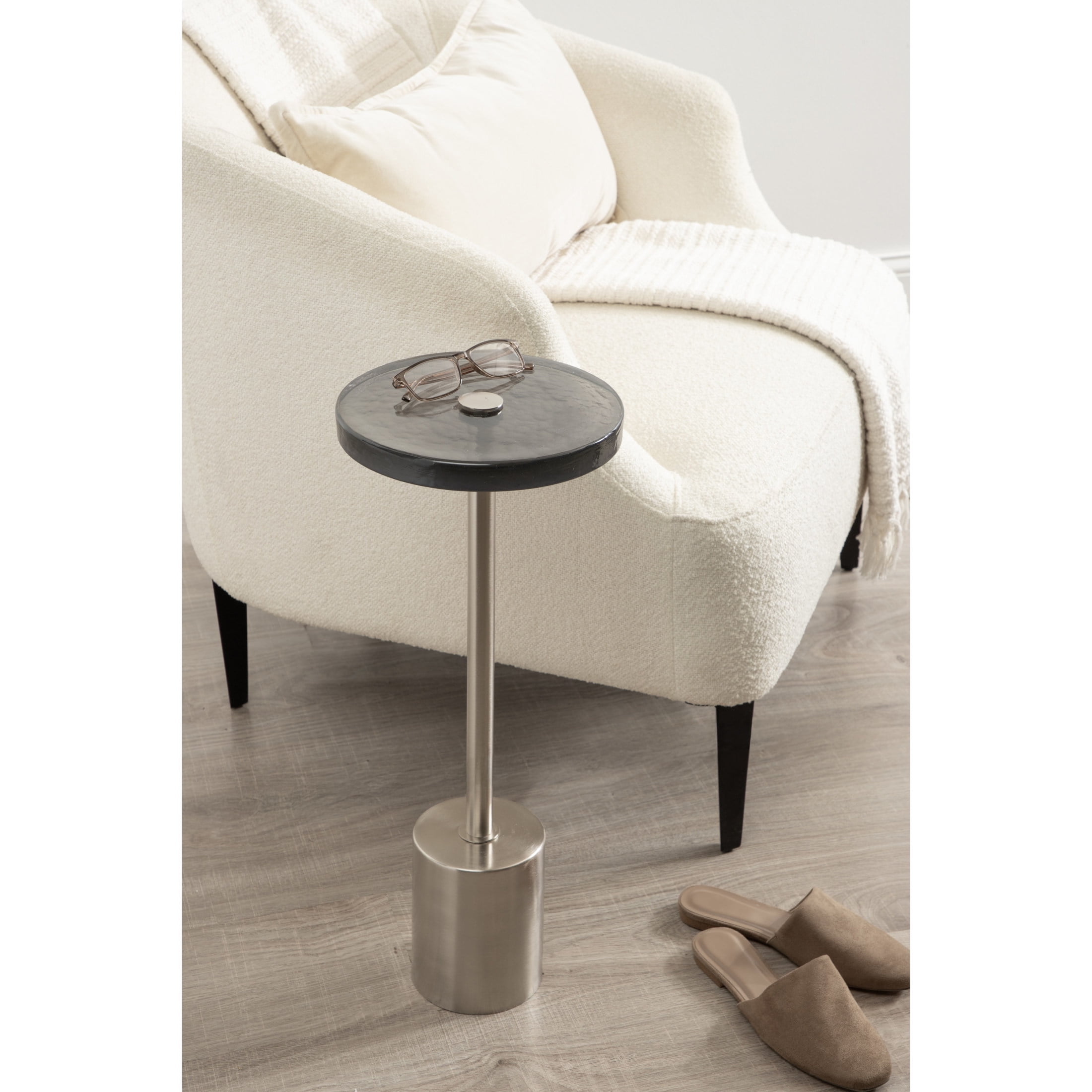 Kate and Laurel Xyler Modern Round Metal and Glass Drink Table, 10 x 10 x 24, Gray Glass and ...