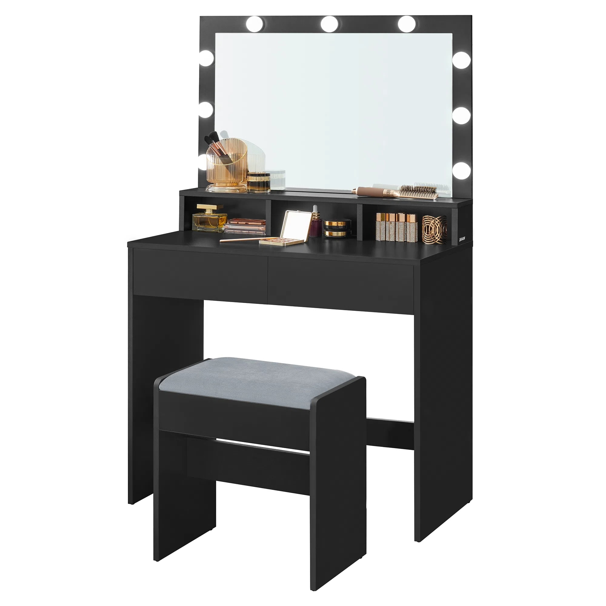 Kate Makeup Vanity Desk with LED Modern Black Vanity Table Set for ...