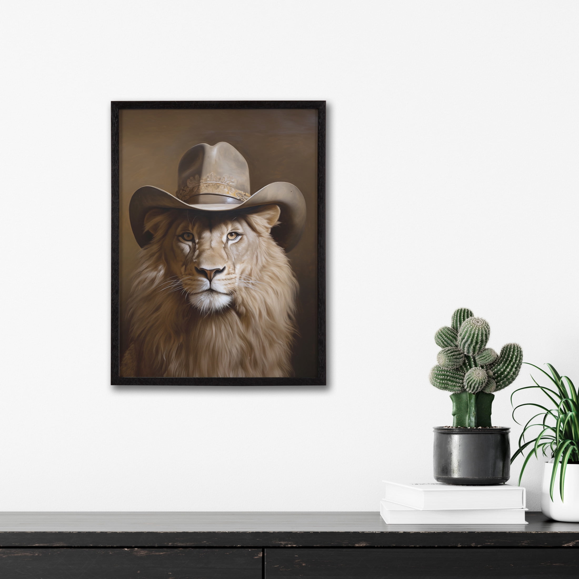 Kate and Laurel Lion Wearing a Western Cowboy Hat Framed Wall Art by ...
