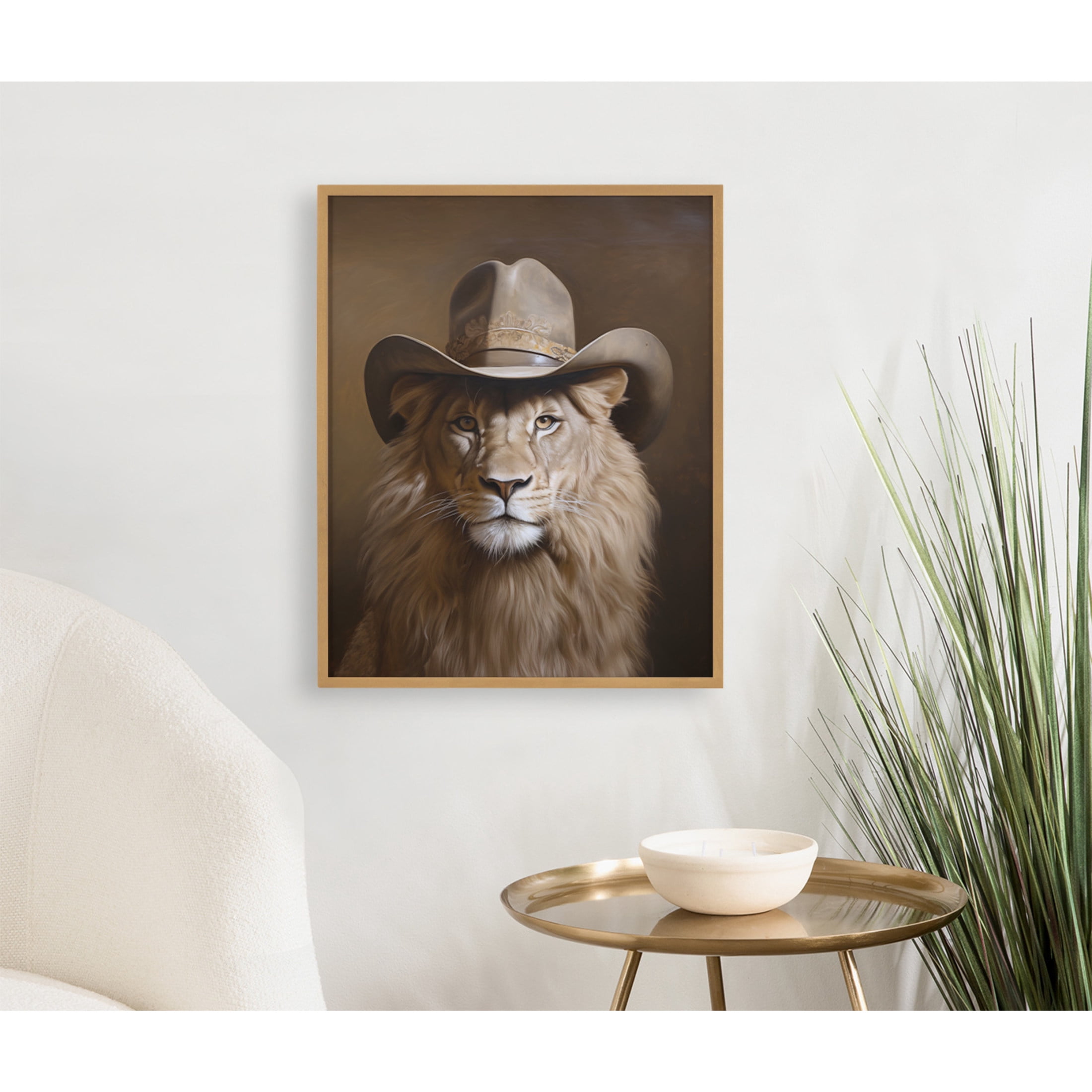 Kate and Laurel Lion Wearing a Western Cowboy Hat Framed Wall Art by ...