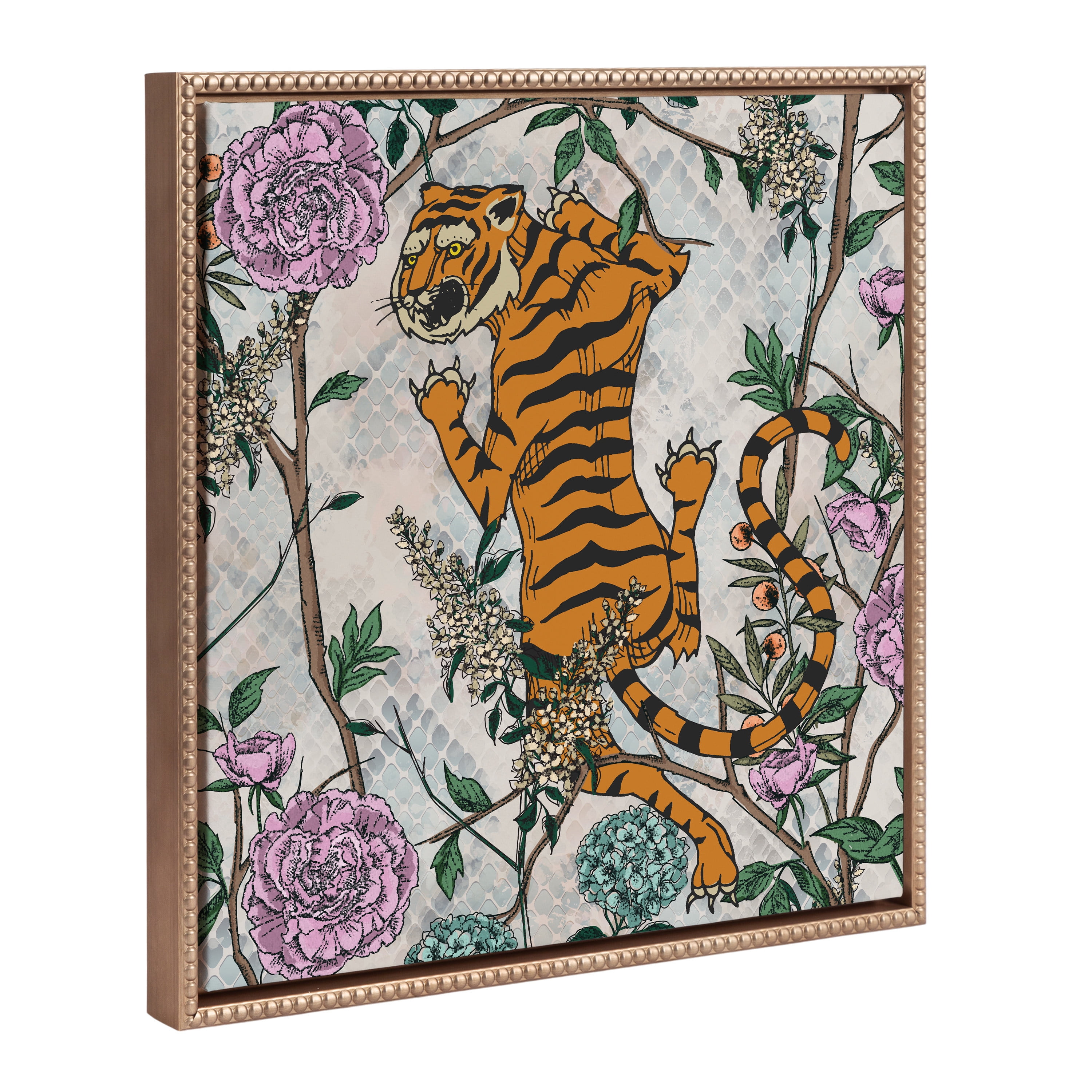 Kate and Laurel Sylvie Beaded Tiger Floral Vintage Framed Canvas Wall ...