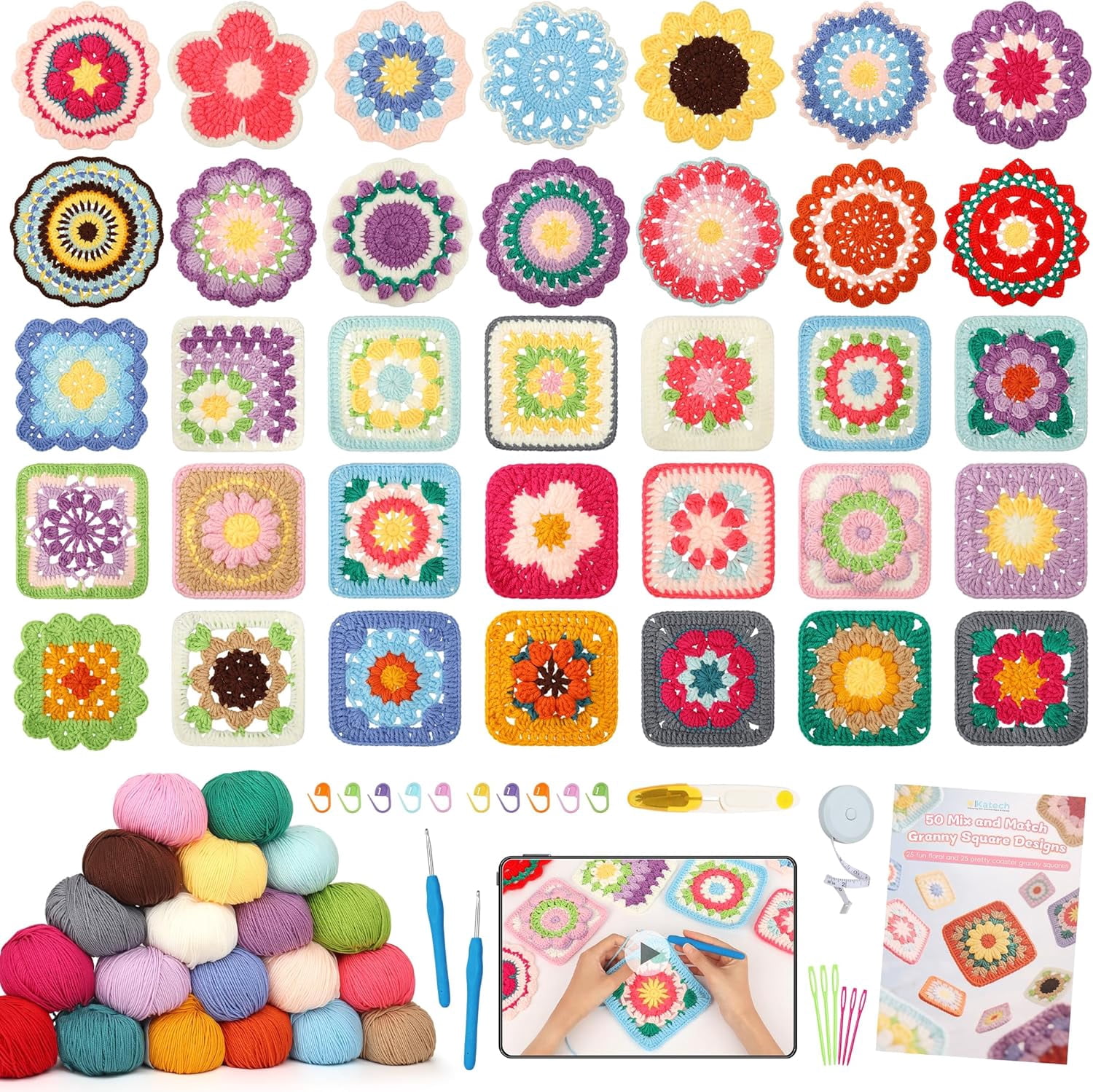 Katech Crochet Kit for Beginners, 50 Granny Squares Crochet Kits for ...