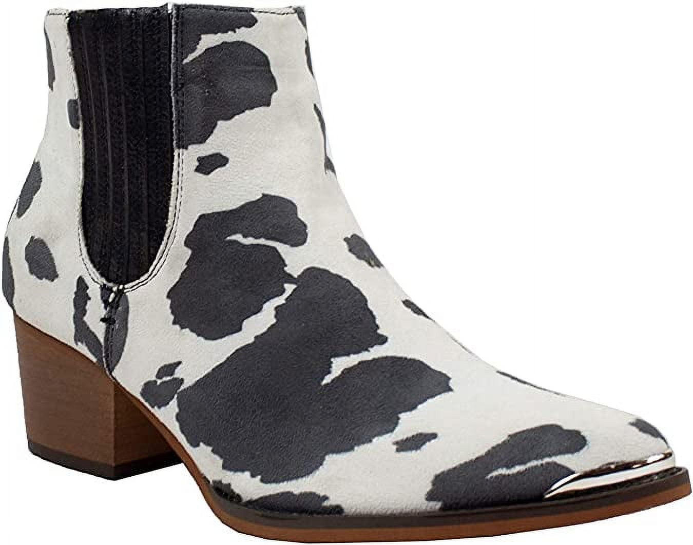 Kathaya Womens Booties with Cow Print Slip On Round Toe Suede Ankle ...