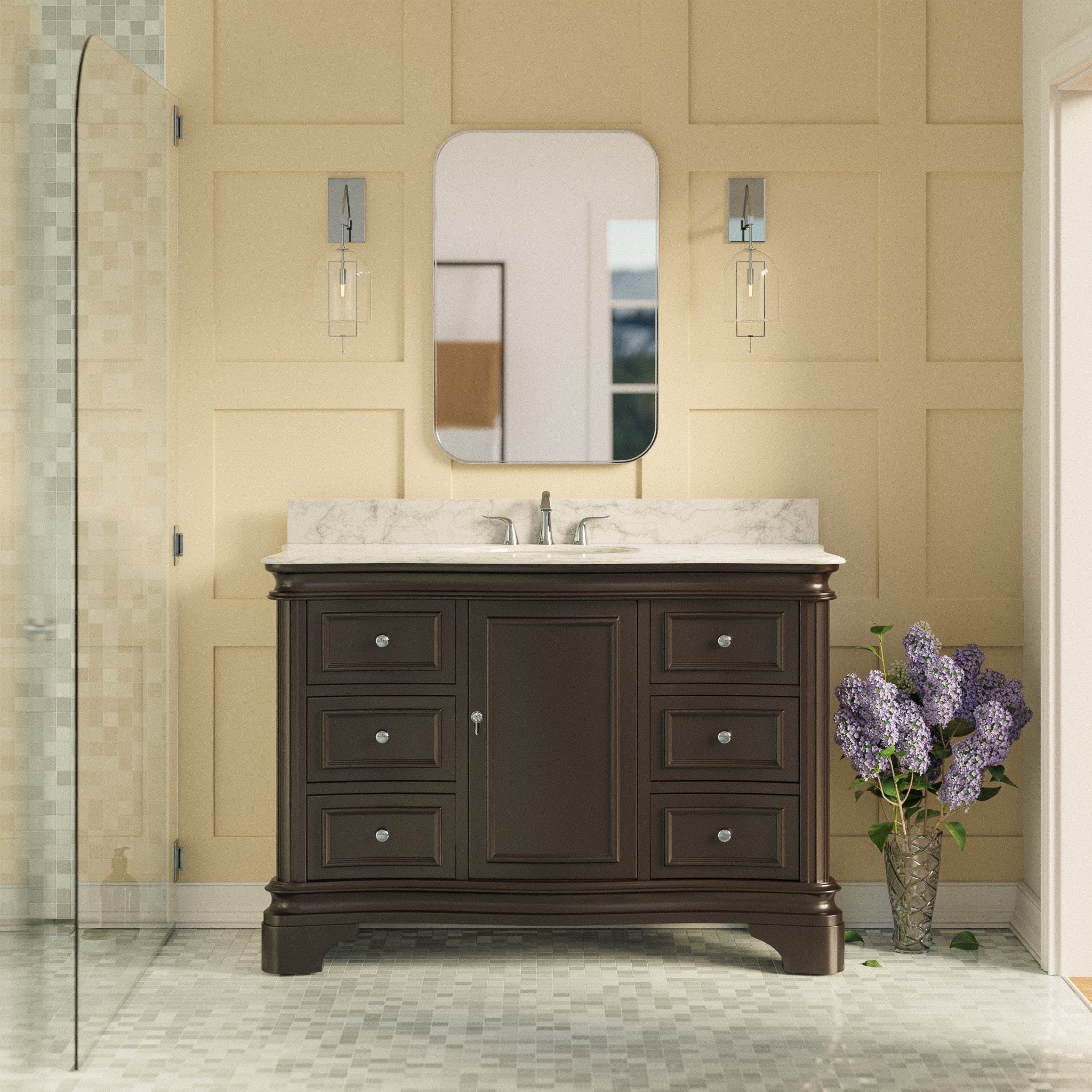 Katherine 48" Bathroom Vanity with Chocolate Cabinet and Carrara Marble ...