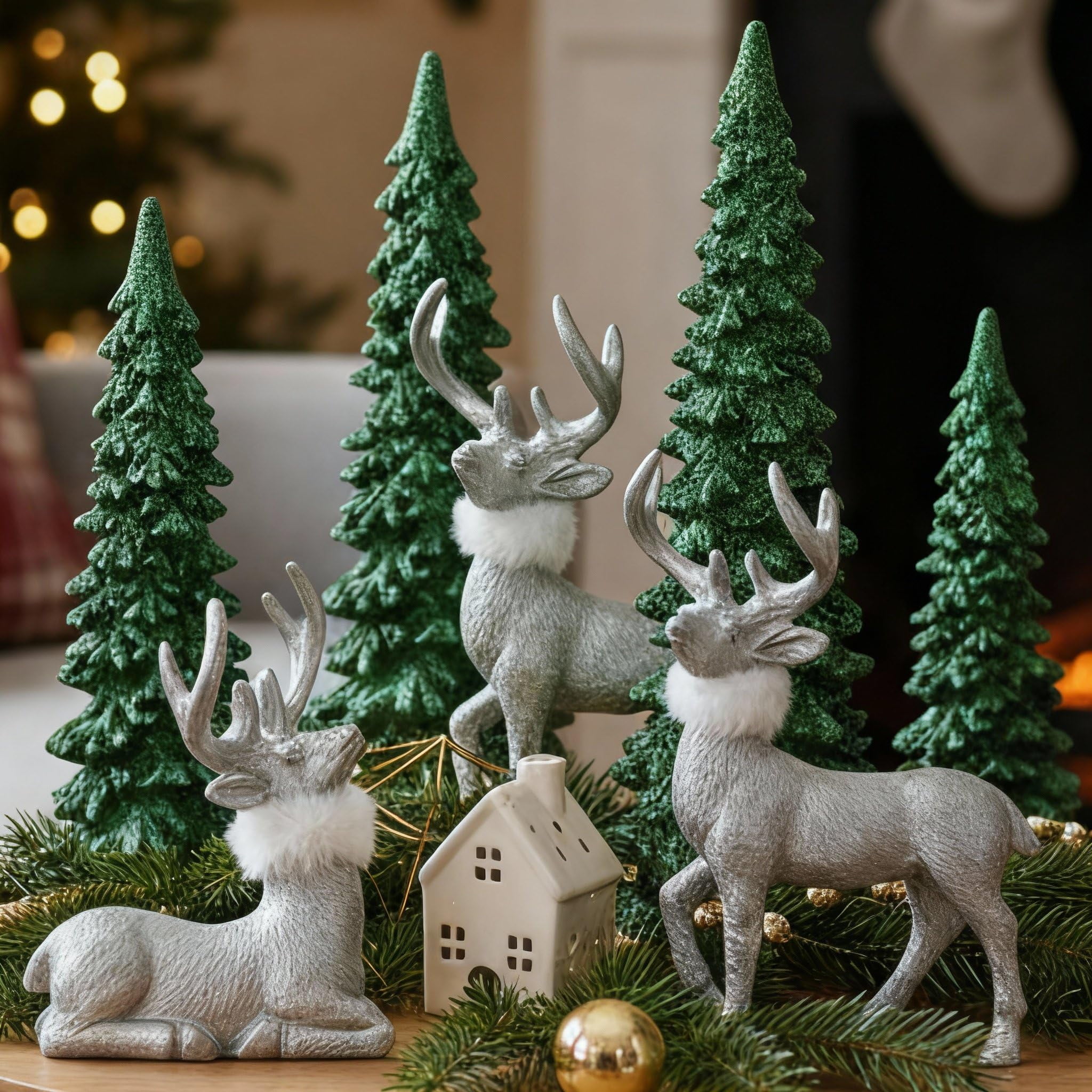 Kathfly 7 Pcs Silver Christmas Reindeer Statue Decor Christmas Trees ...